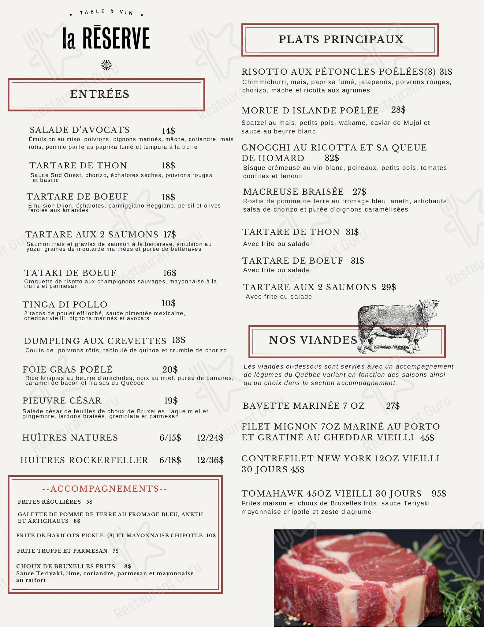 Menu au Restaurant La Réserve table et vin, Candiac