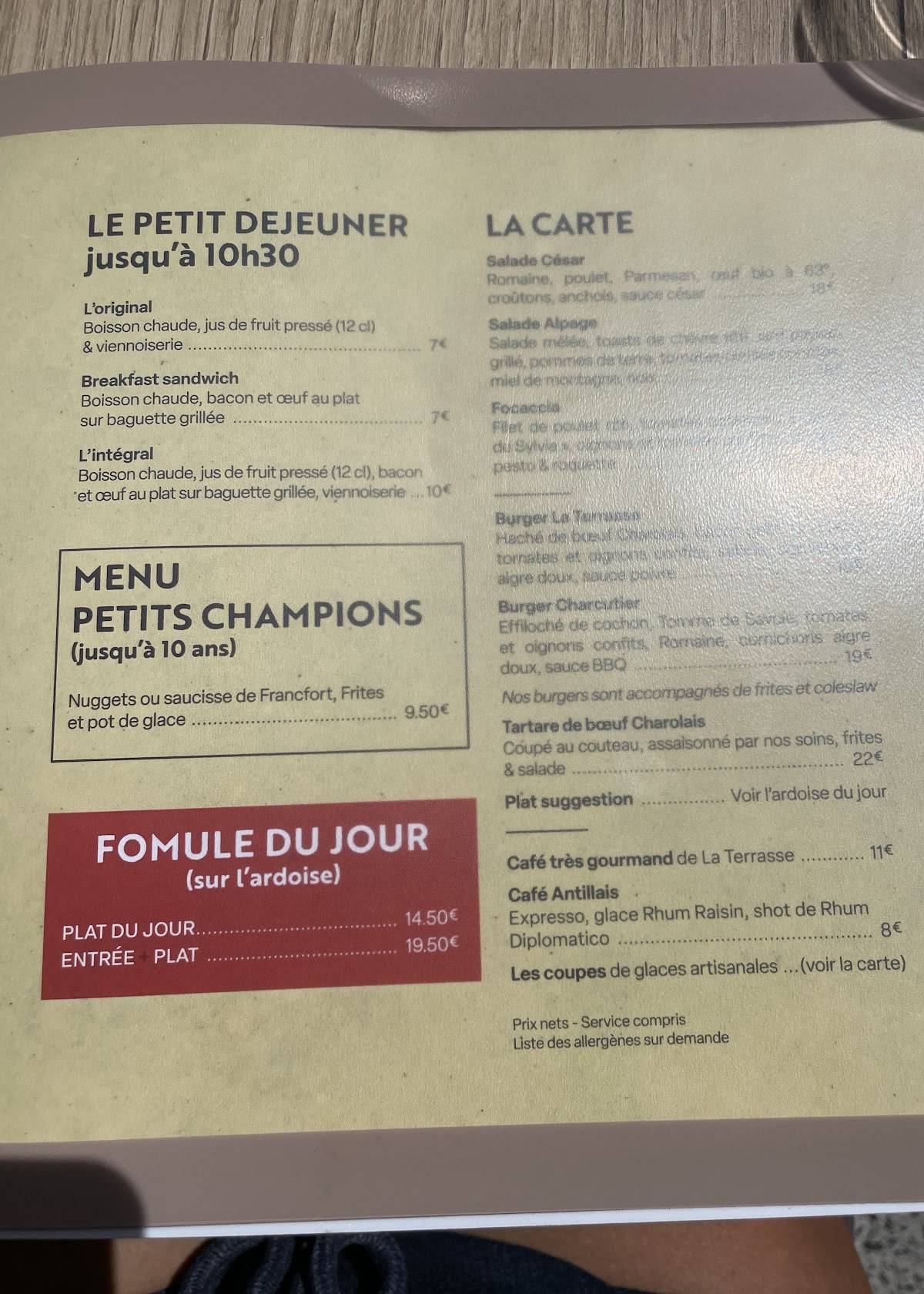 Menu au La Terrasse des Tennis fast food, Chamonix-Mont-Blanc