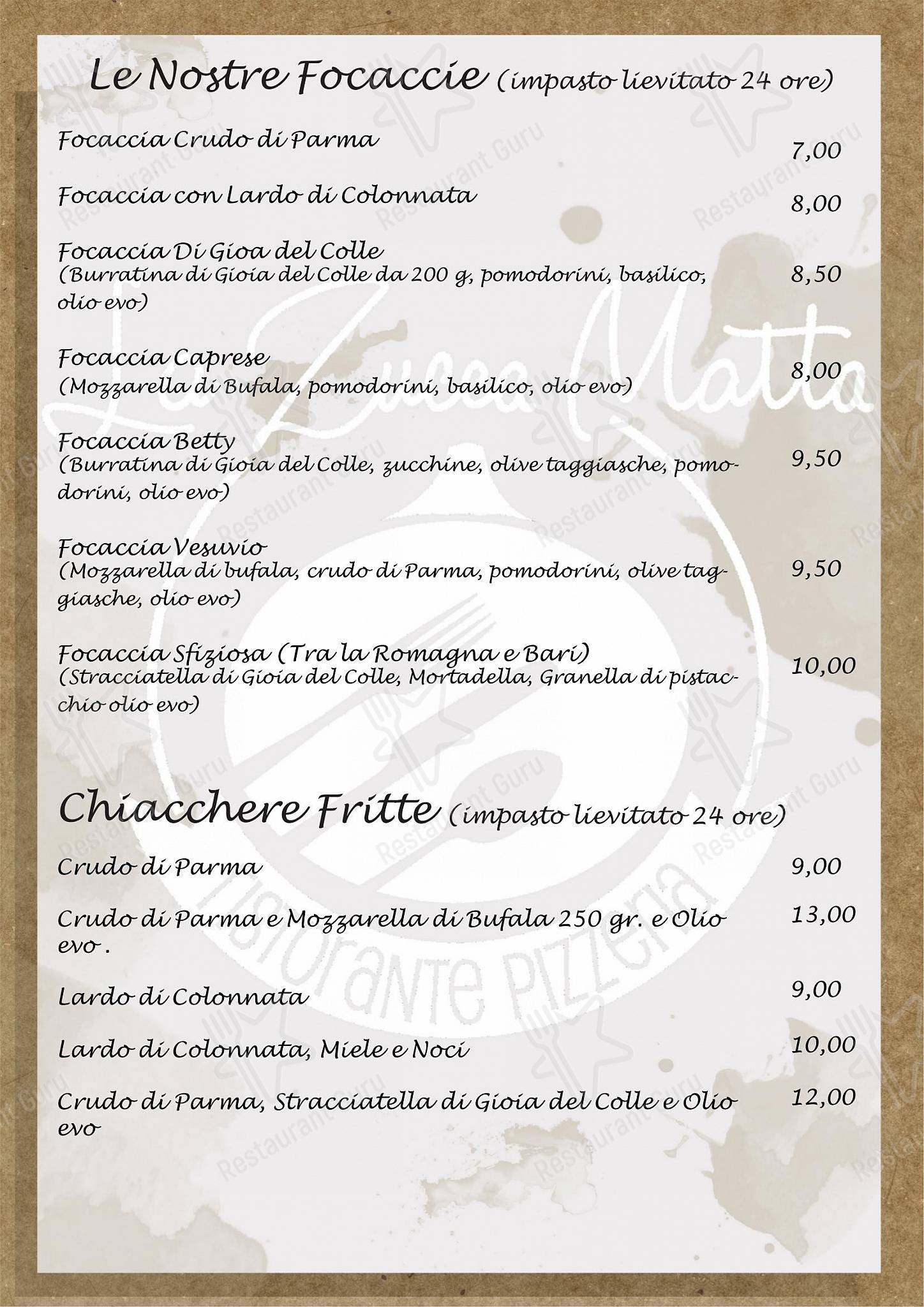 Menu da La Zucca Matta - Ristorante e Pizzeria, Pianezza