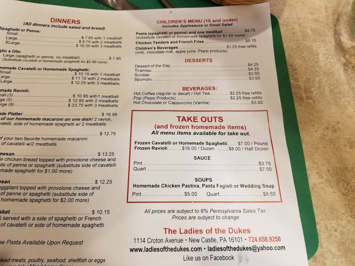 Menu at The Ladies of the Dukes restaurant, New Castle
