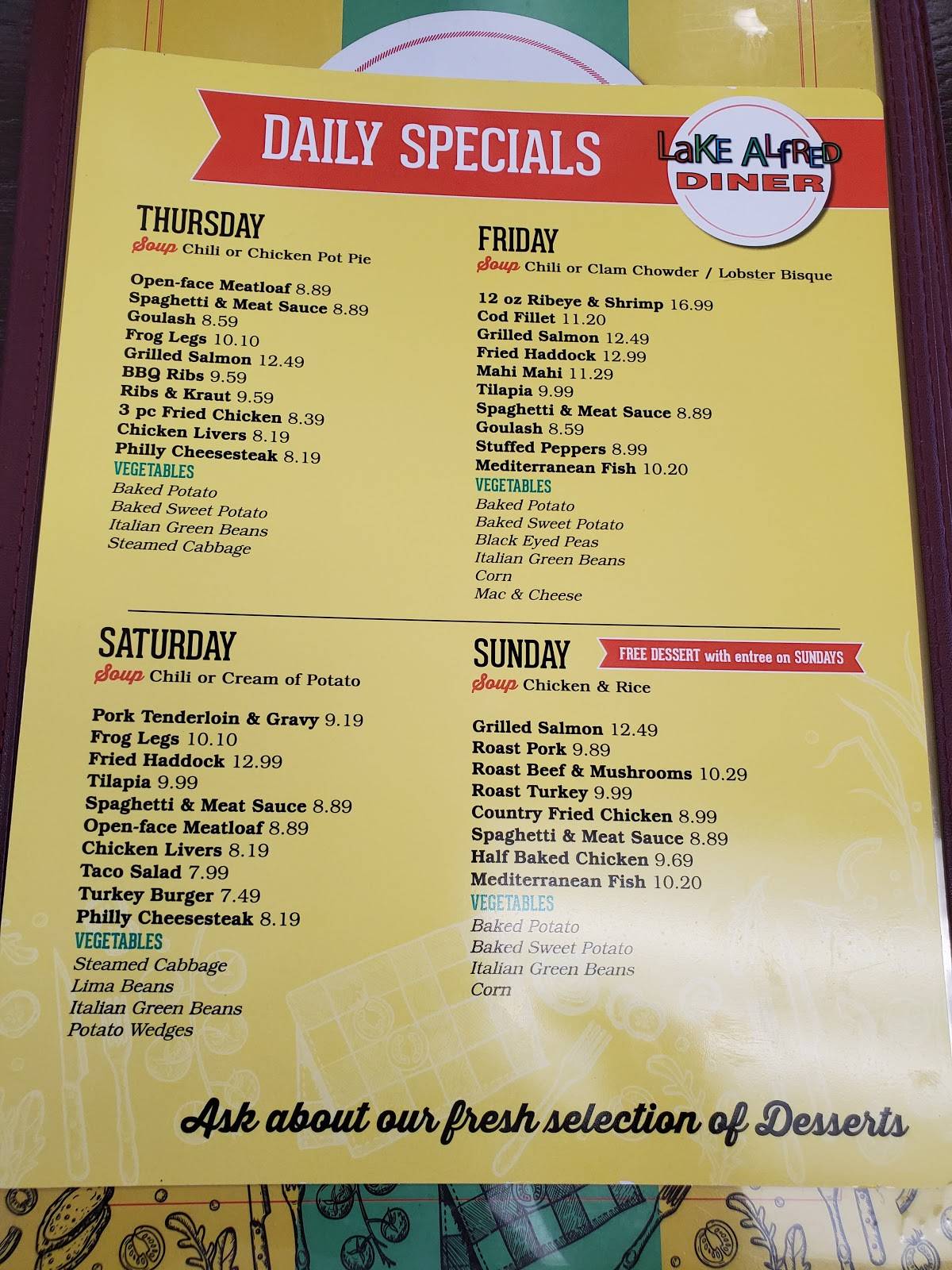Menu at Lake Alfred Diner Inc restaurant, Lake Alfred