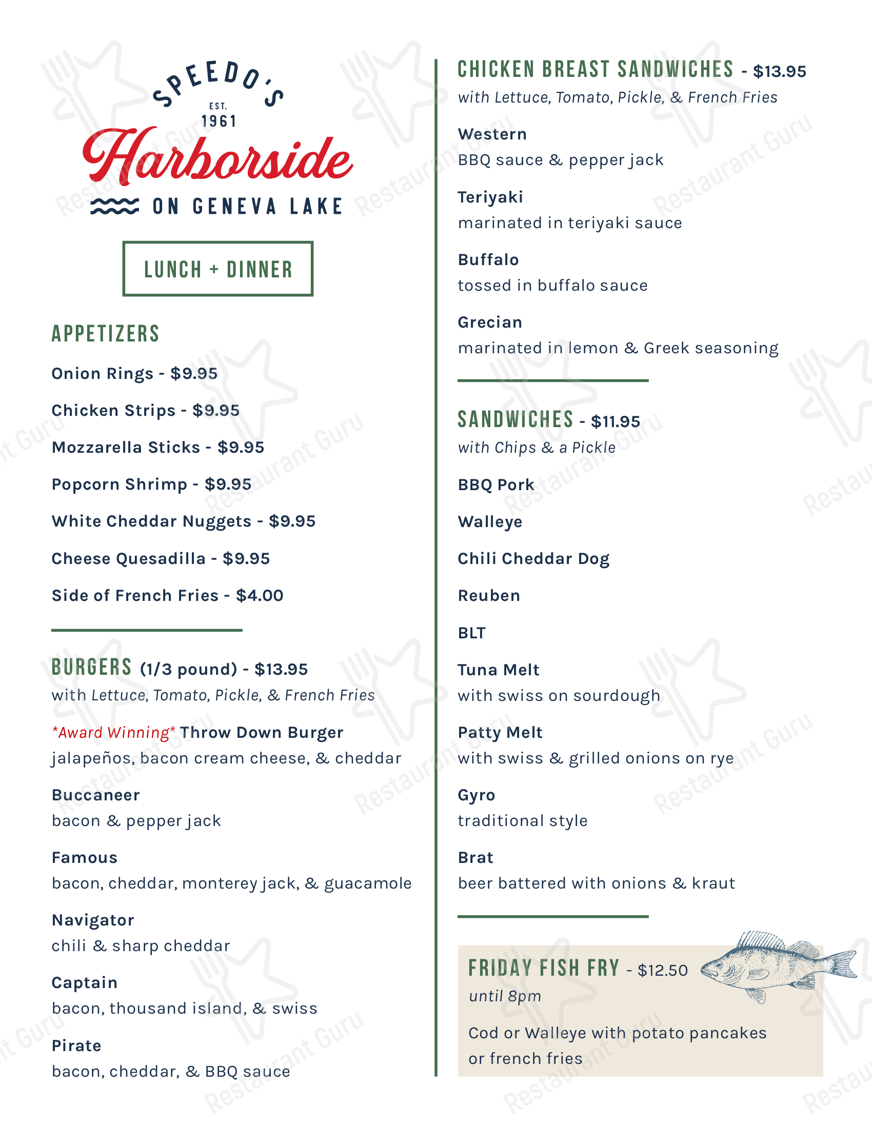 Menu at Speedo's Harborside Pub & Grill, Lake Geneva