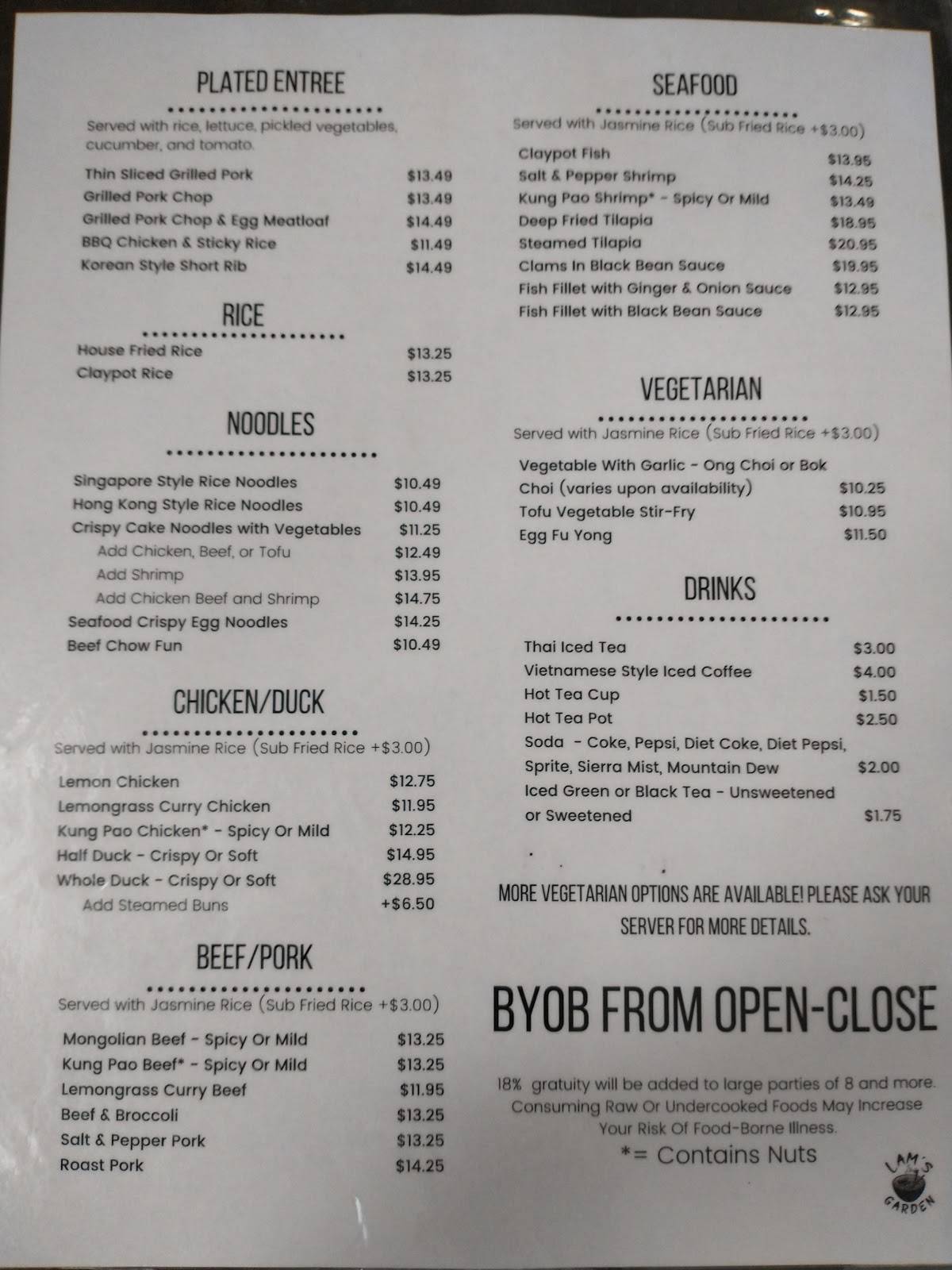 Menu at Lam's Garden restaurant, Hilo