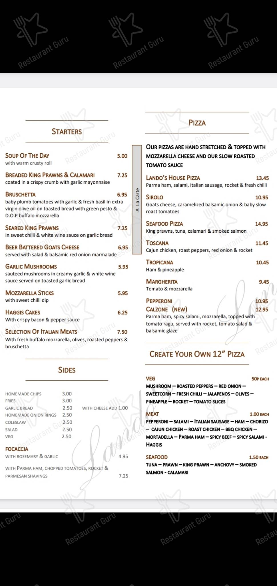 Menu at Landos Restaurant, Stranraer