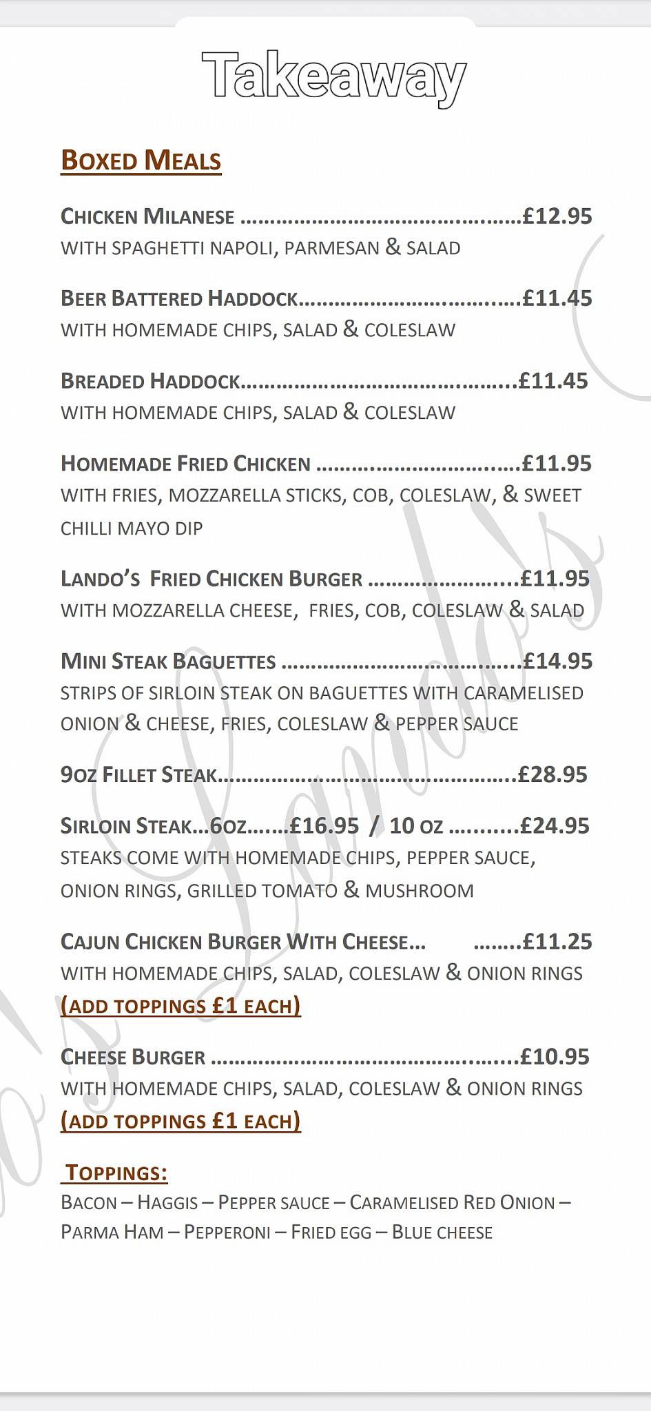 Menu at Landos Restaurant, Stranraer