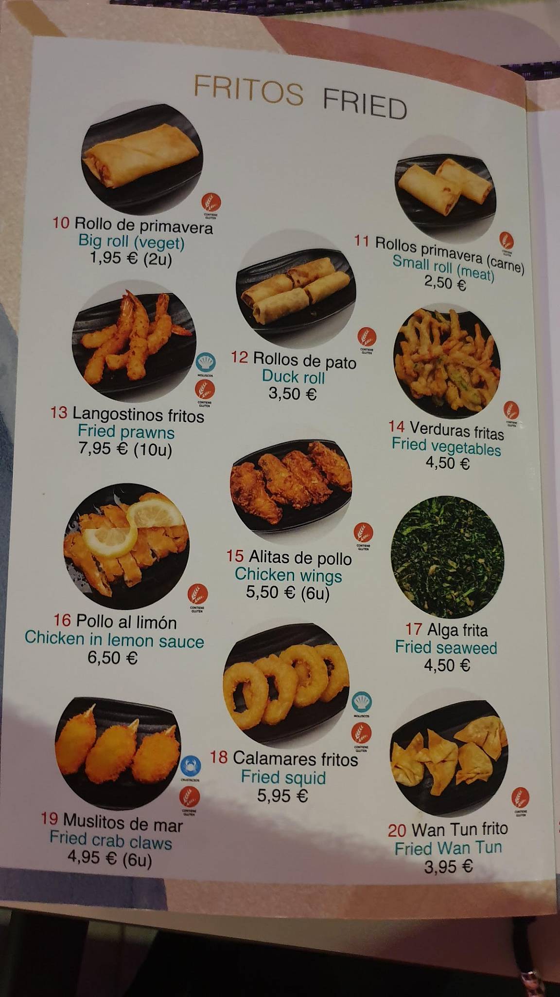 Carta del restaurante Asia Yami, Pilar del la Horadada