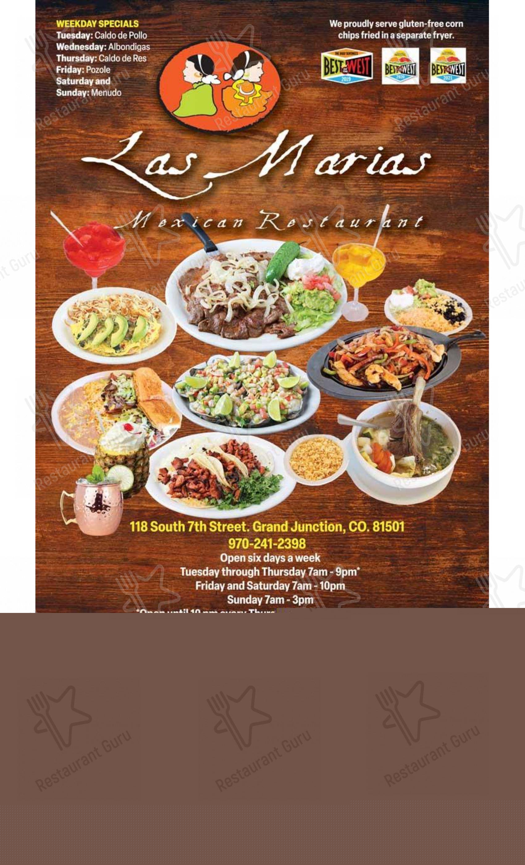 Menu at Las Marias restaurant, Grand Junction, 118 S 7th St