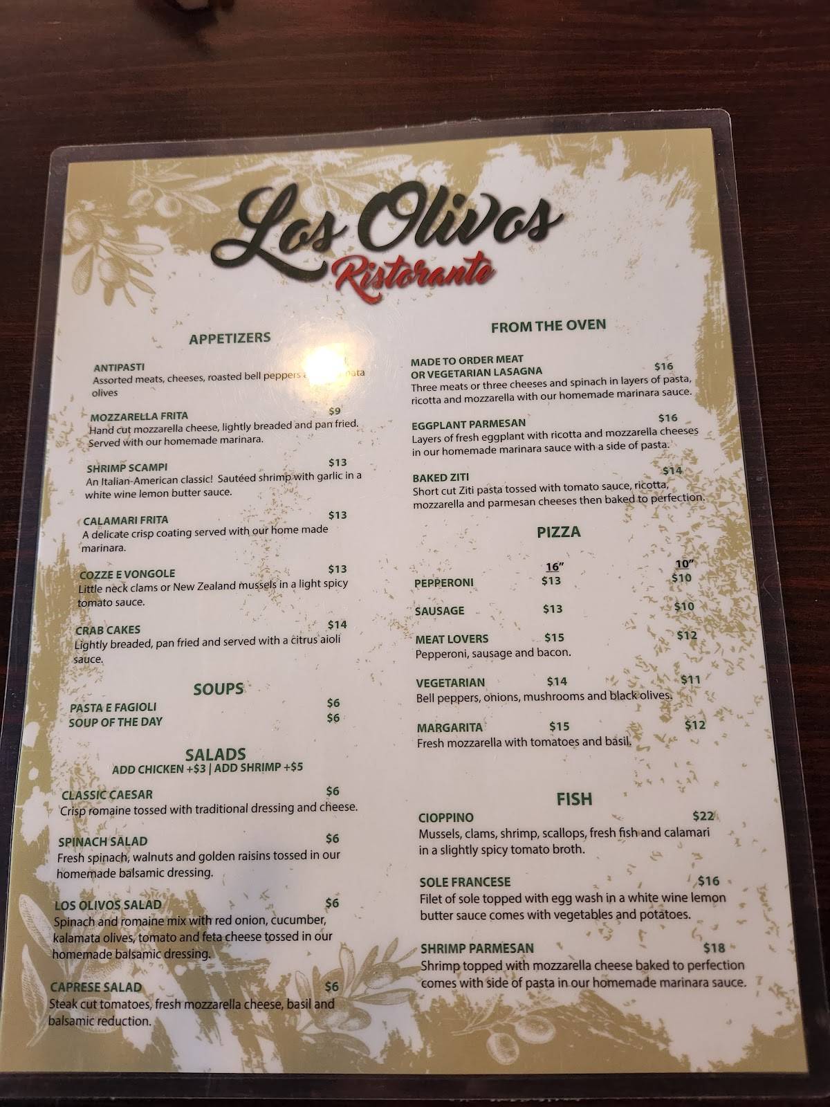 Menu at Los Olivos Ristorante restaurant, Las Vegas