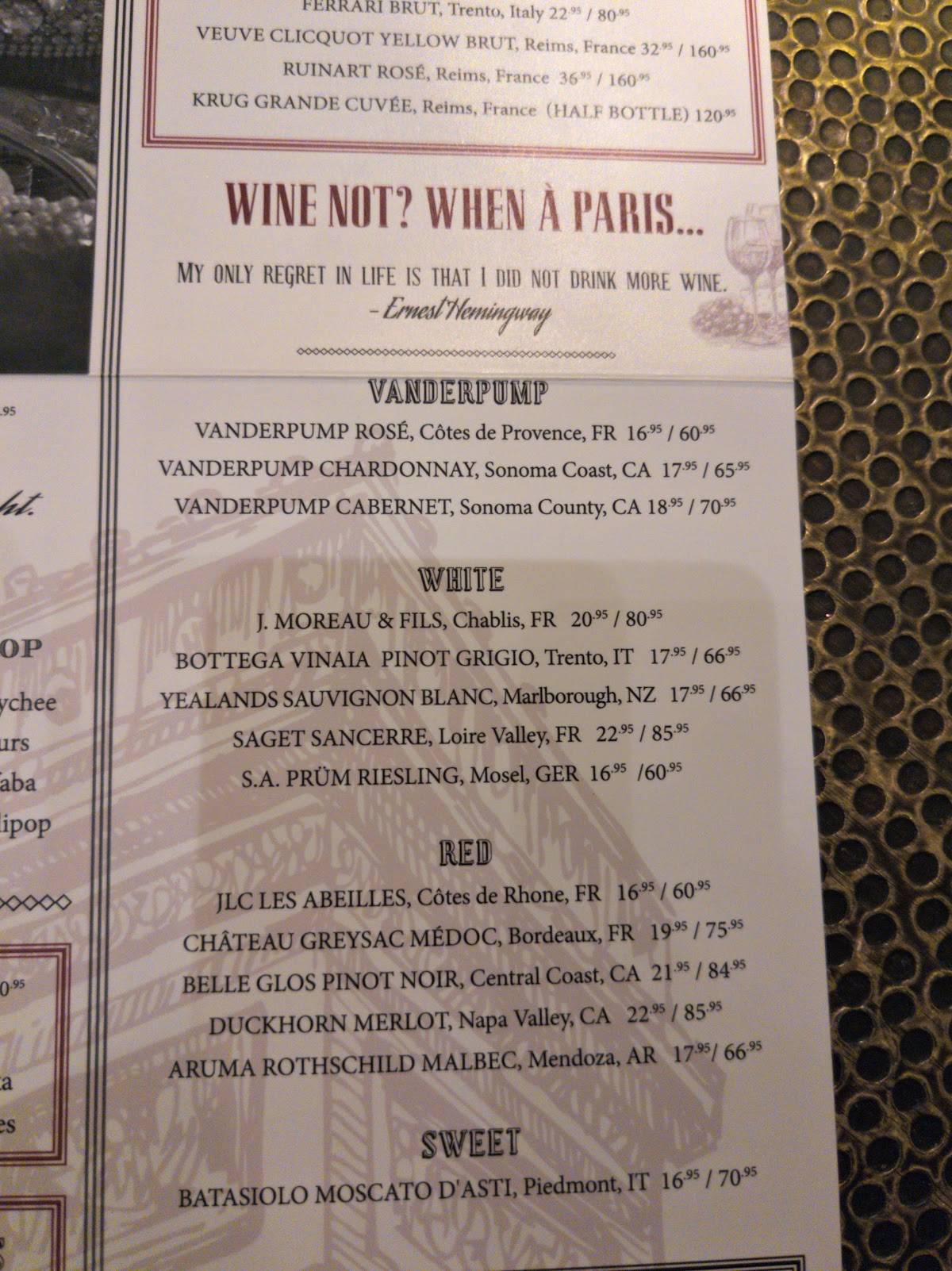 Menu at Vanderpump à Paris pub & bar, Las Vegas