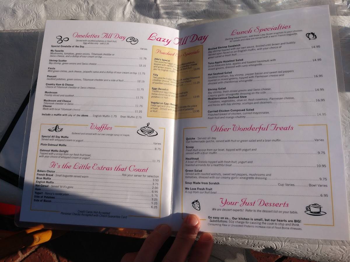 Menu at Lazy Susan Cafe, Cannon Beach
