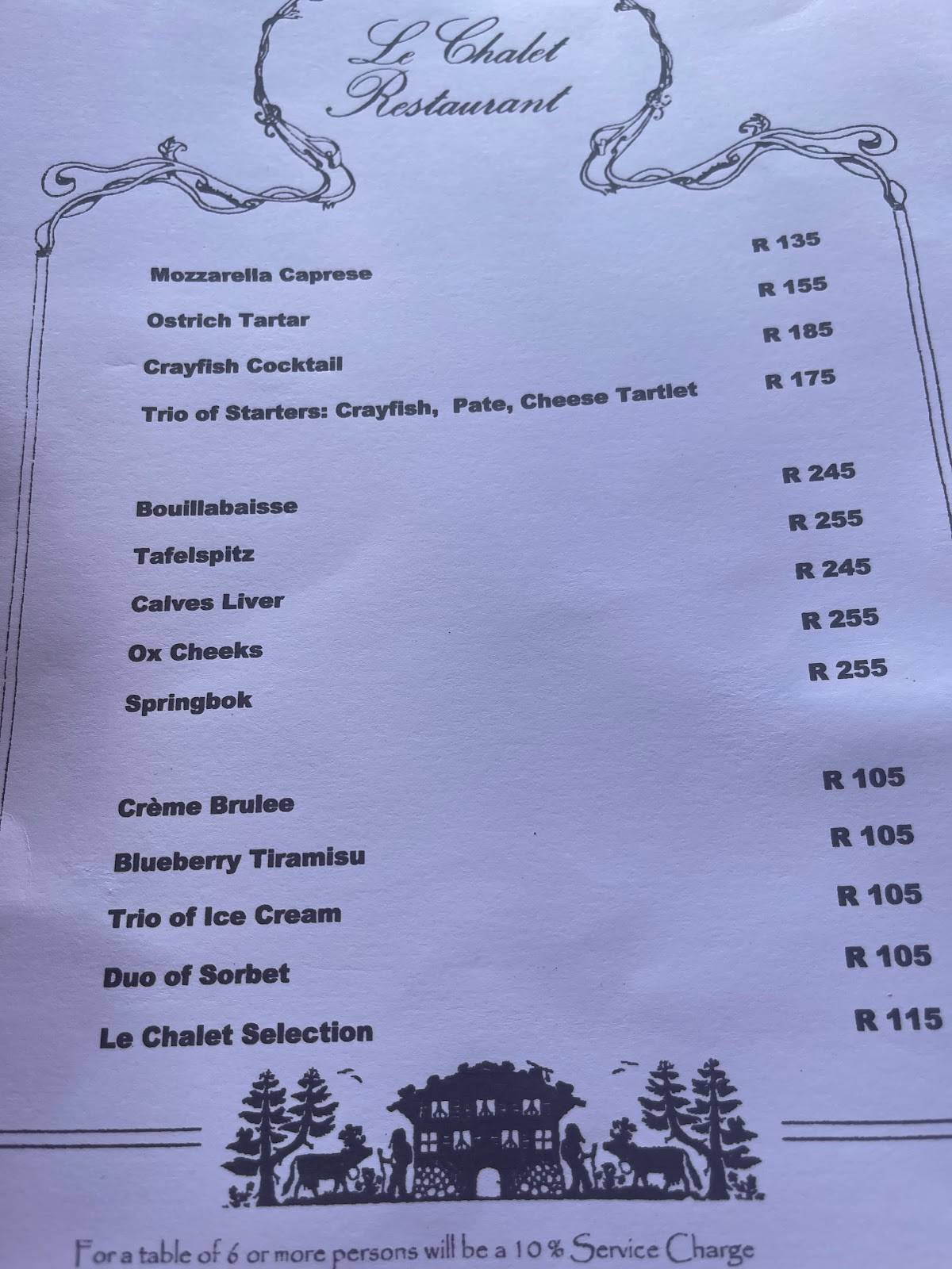Menu at Le Chalet restaurant, Fisherhaven