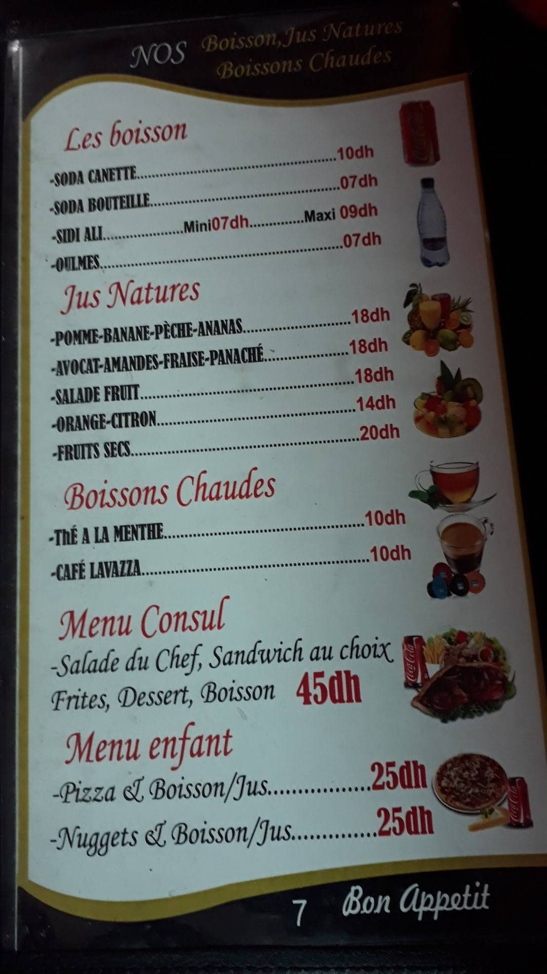 Menu at Le Consul restaurant, Fes