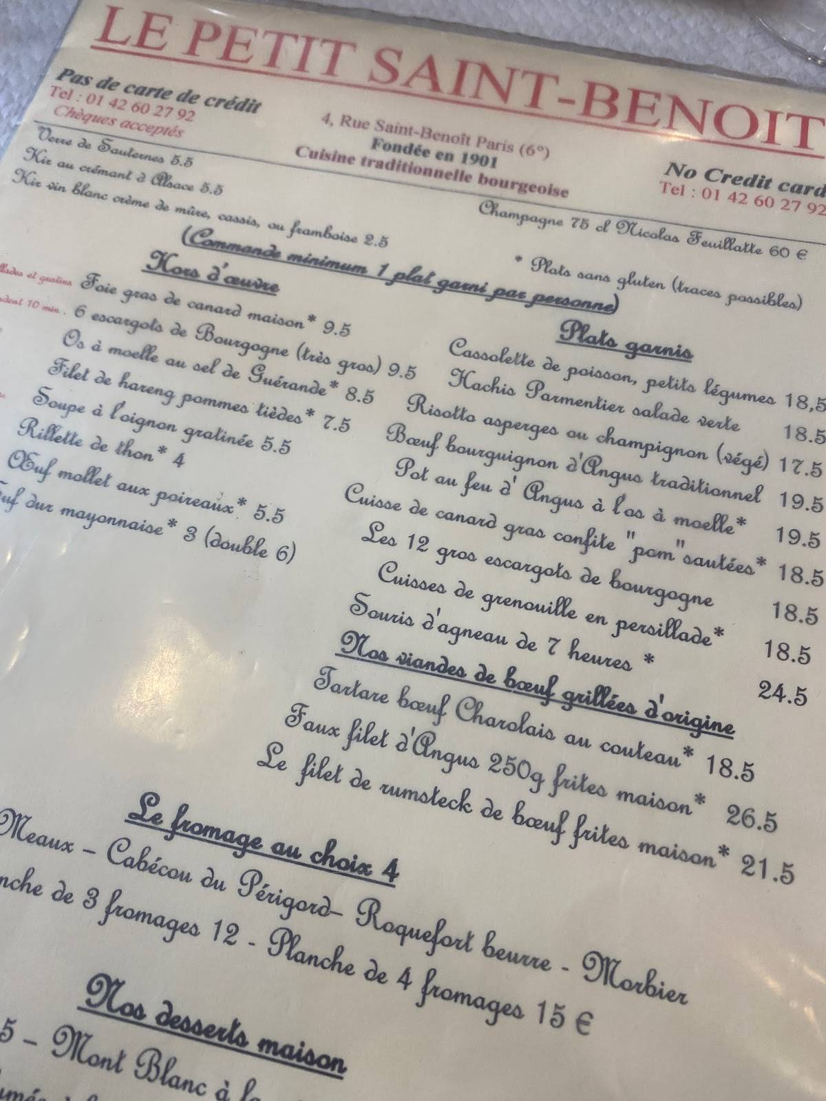 Menu at Le Petit Saint-Benoit restaurant, Paris, 4 Rue Saint-Benoît