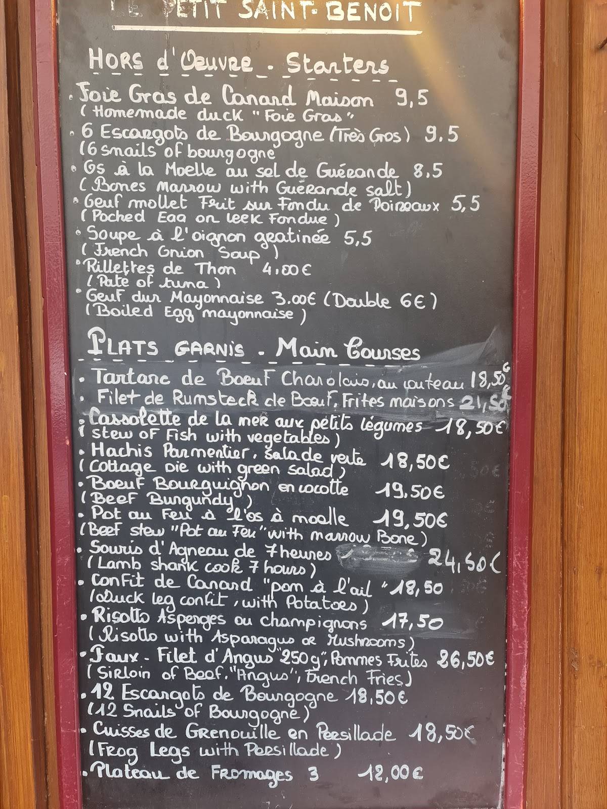 Menu at Le Petit Saint-Benoit restaurant, Paris, 4 Rue Saint-Benoît