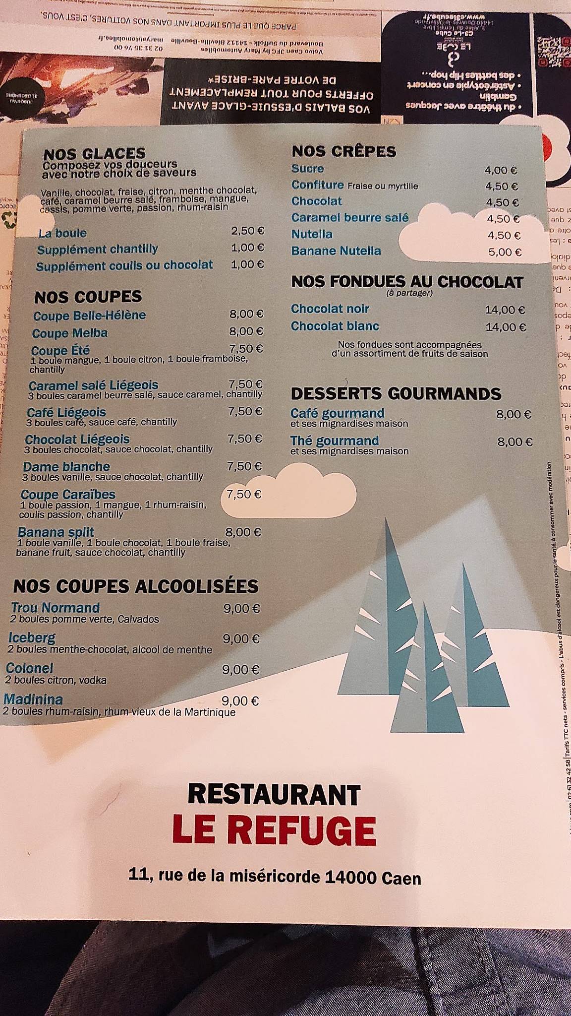 Menu au Le Refuge restaurant, Caen