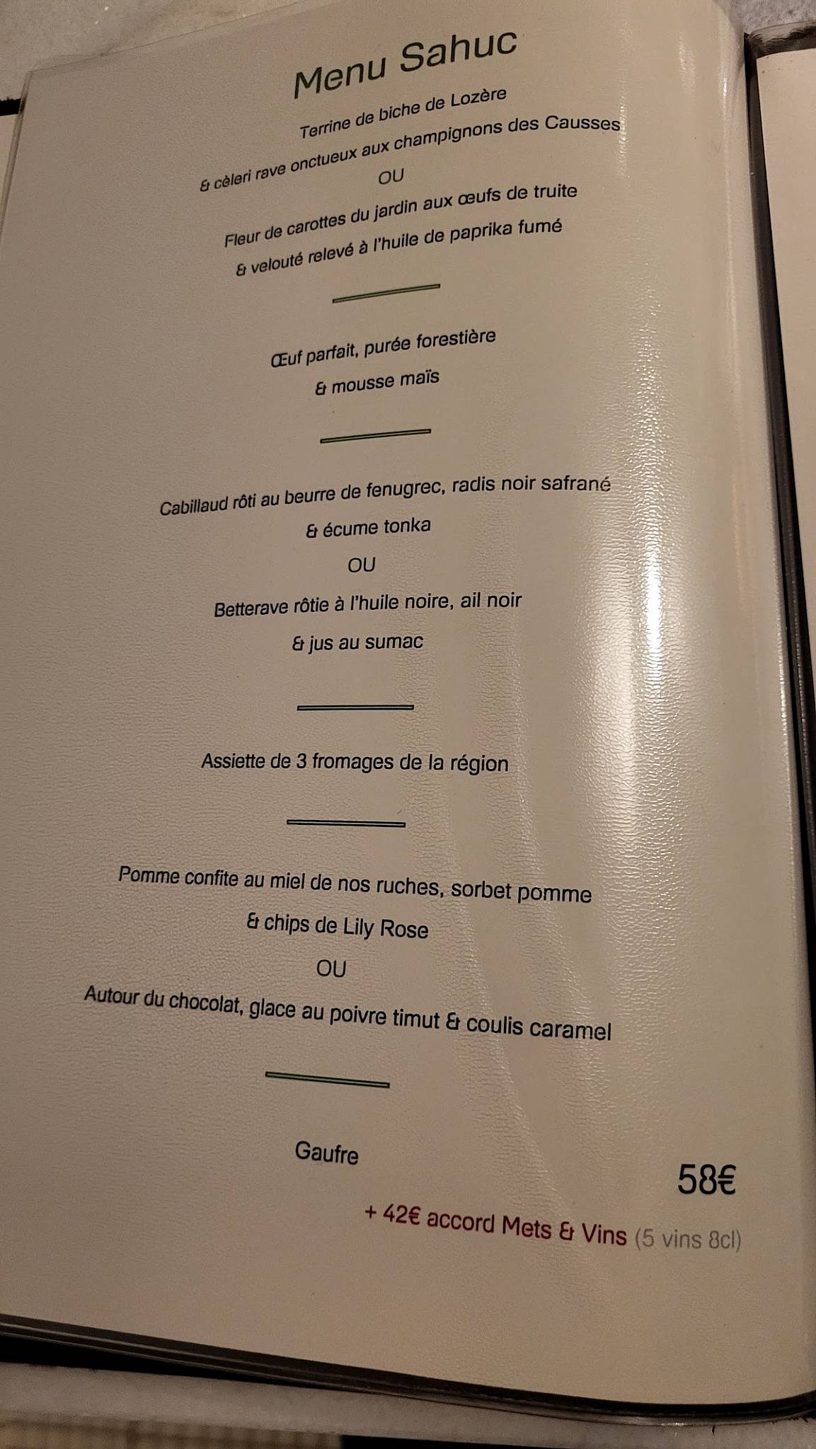 Menu au Le Sahuc restaurant, Rivière-sur-Tarn