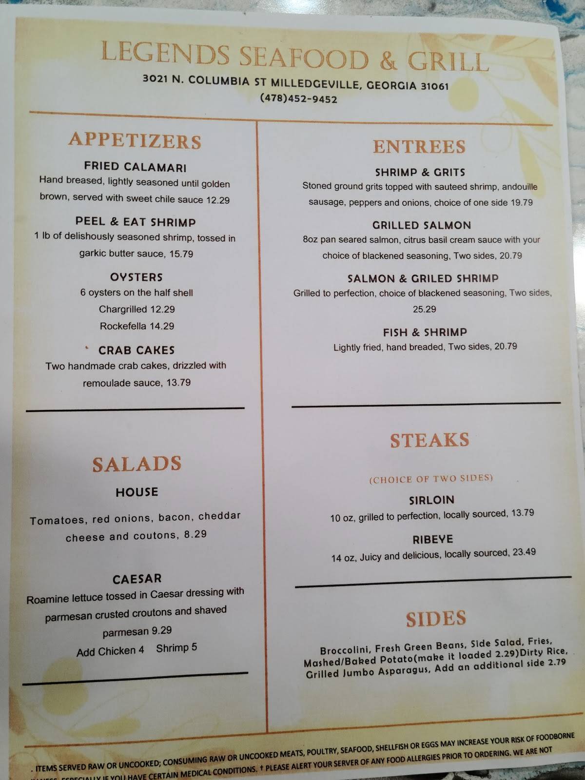 Menu at Legends Seafood & Grill restaurant, Milledgeville