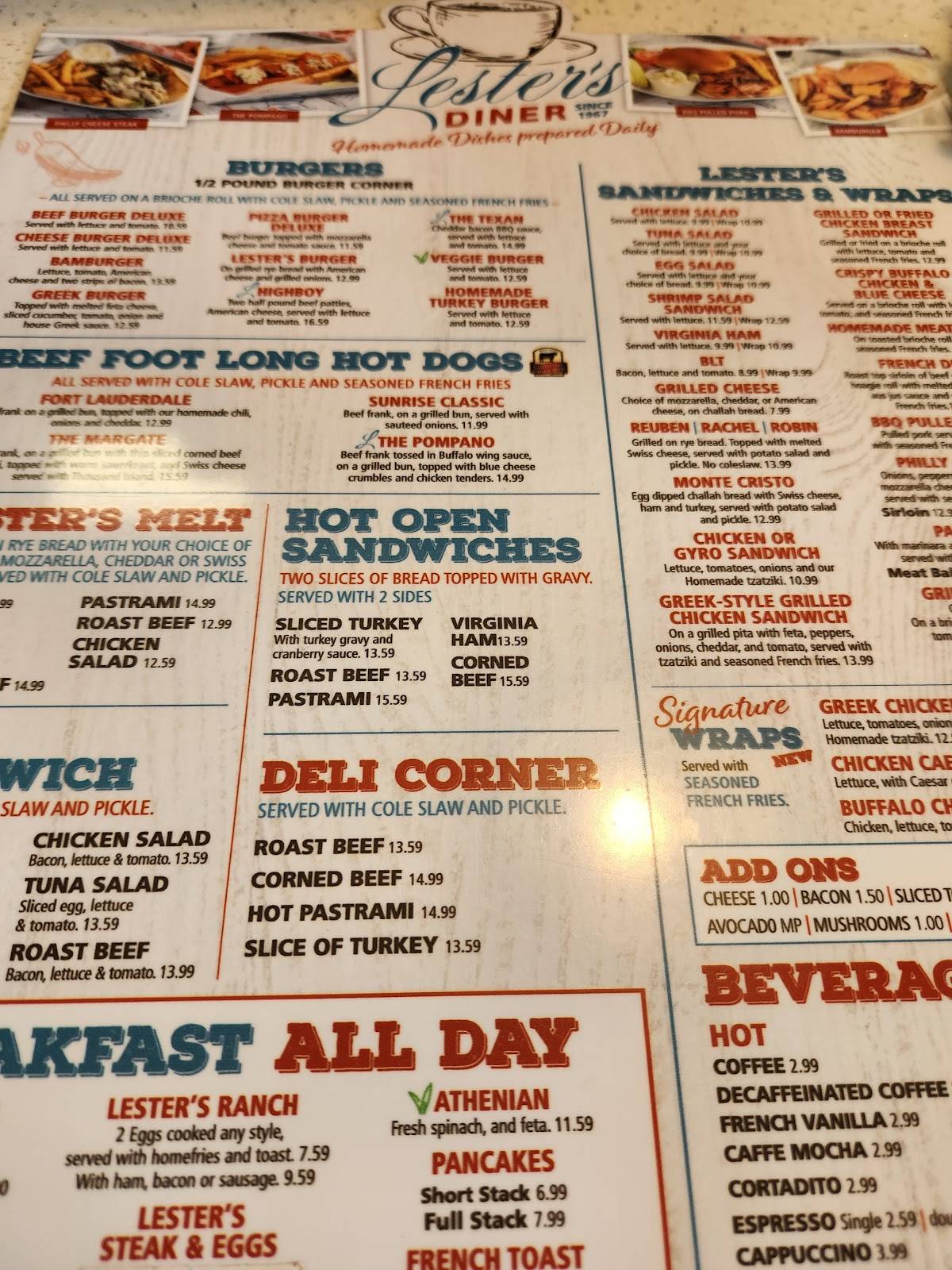 Menu at Lester's Diner restaurant, Margate, Coconut Creek Pkwy