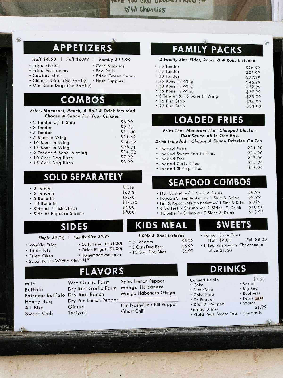 Menu at Lil' Charlie's restaurant, Lockhart