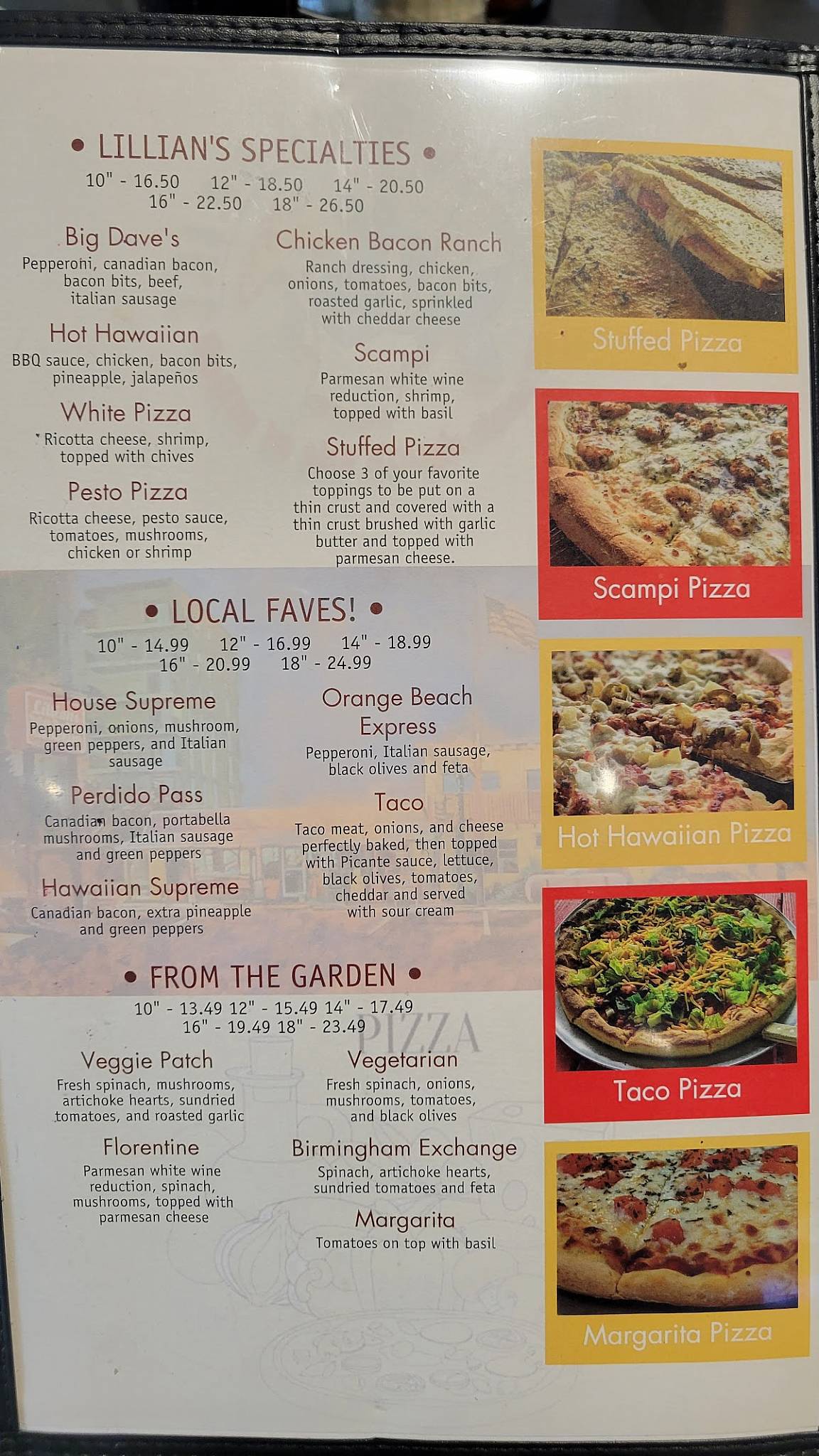 Menu at Lillian’s Pan Pizza pizzeria, Perdido Key