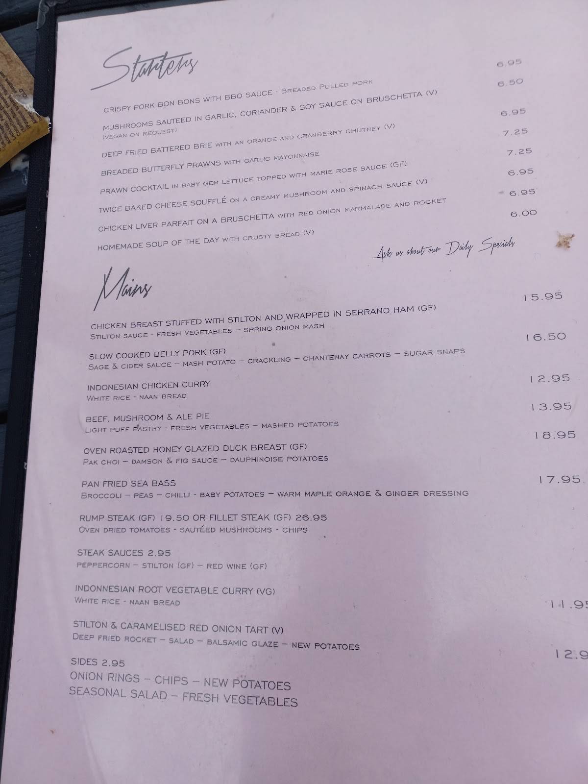 Menu at The Pyewipe Inn pub & bar, Lincoln