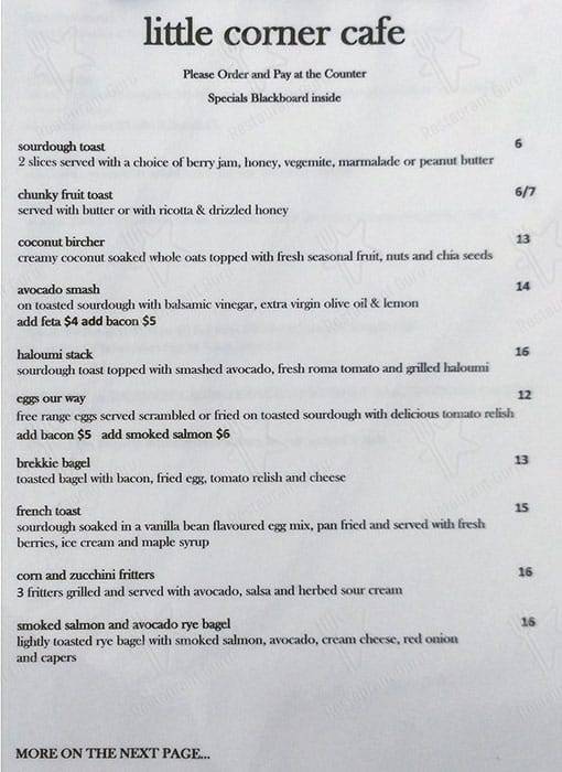 Menu at Little Corner Cafe, Wooloowin