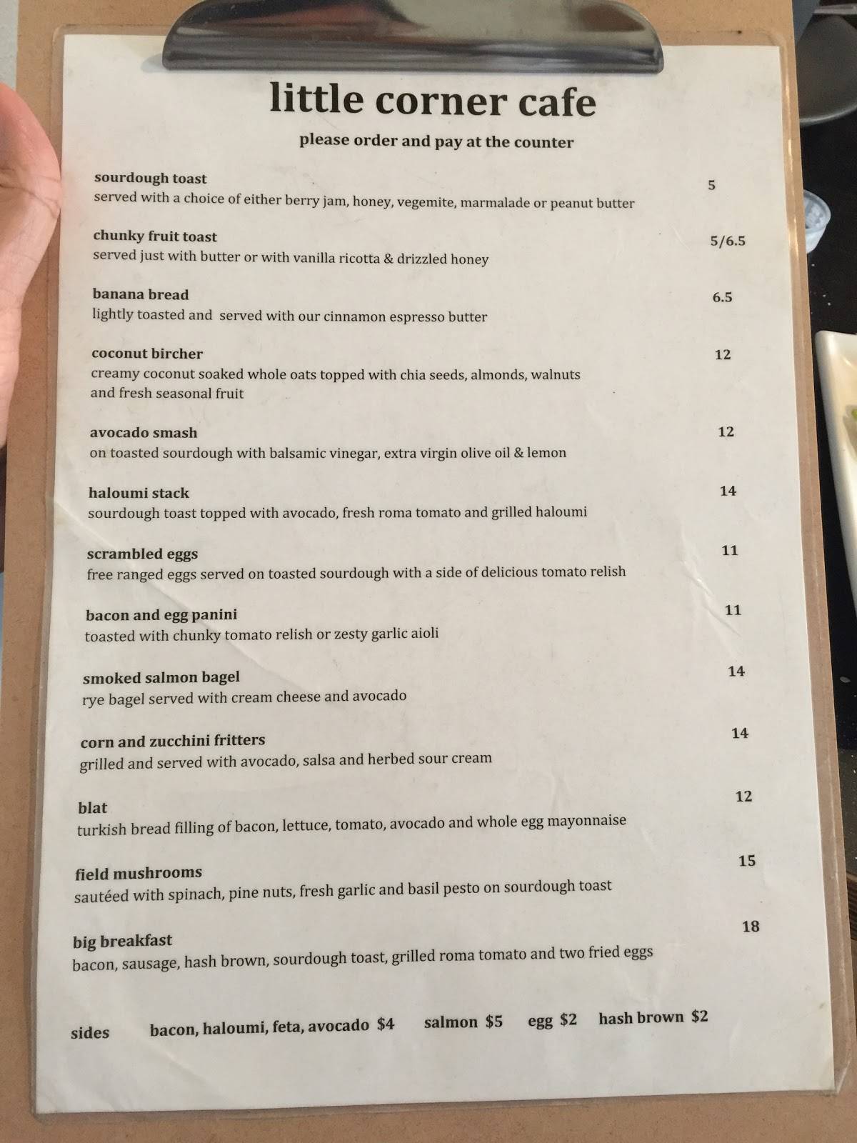 Menu at Little Corner Cafe, Wooloowin