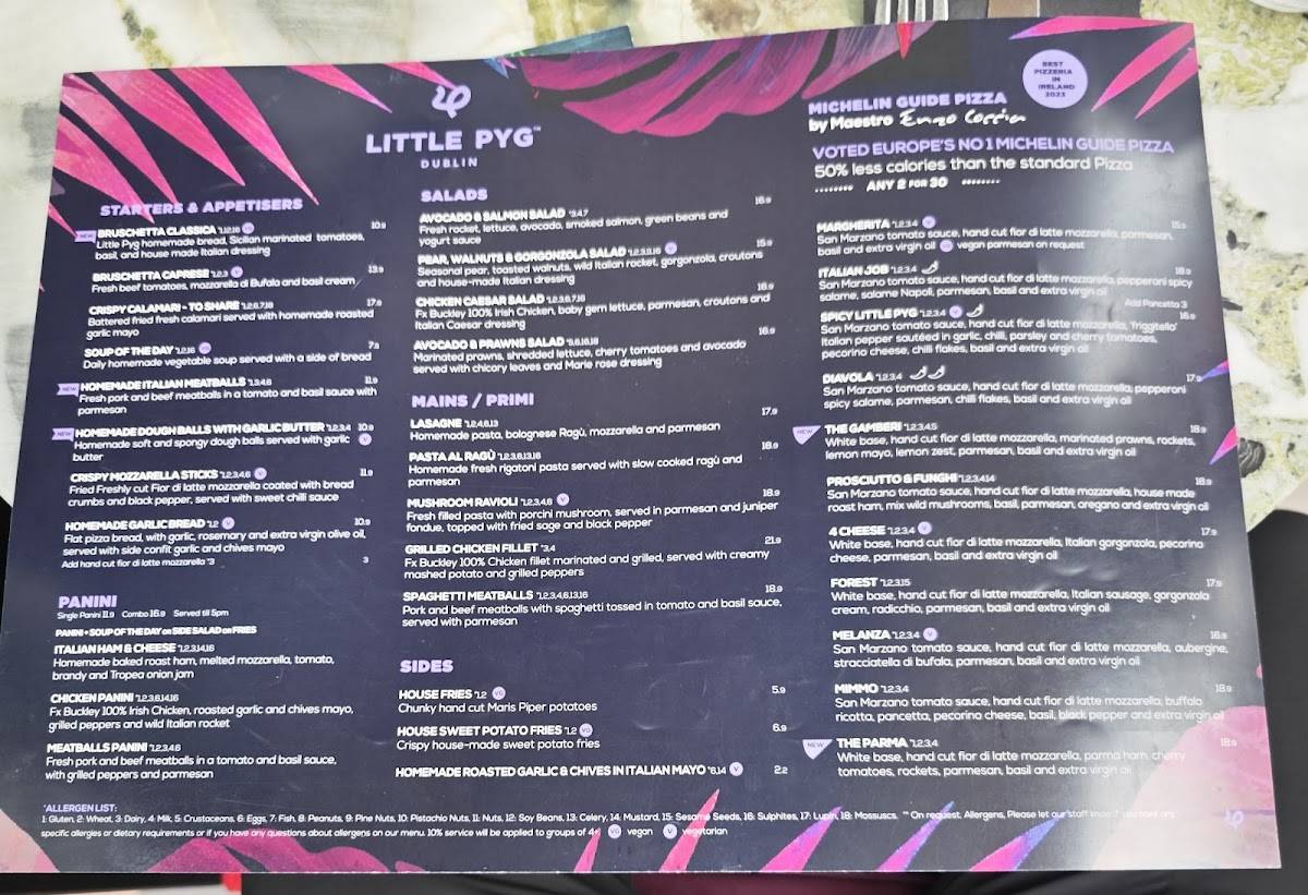 Menu at Little Pyg restaurant, Dublin