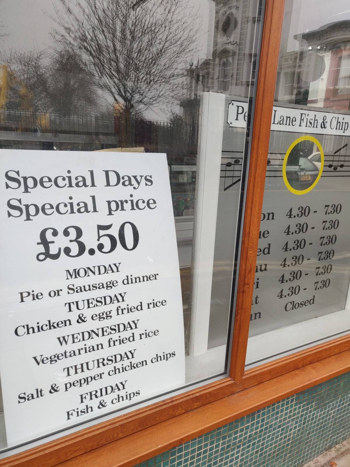 Menu at Penny Lane Fish and Chips restaurant, Liverpool