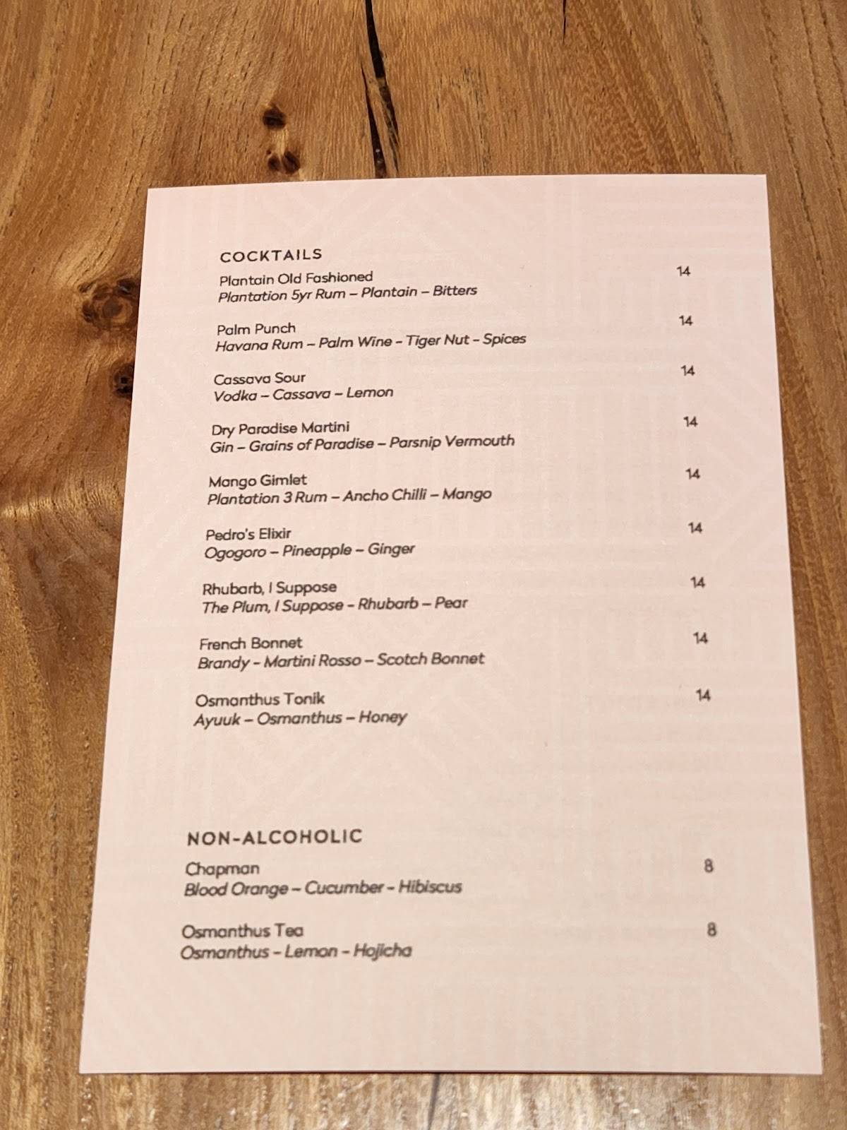 Menu at Ikoyi pub & bar, London, 180 Strand