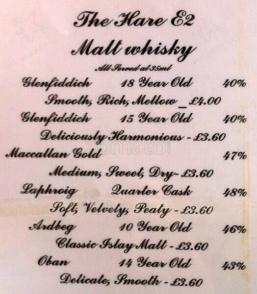Menu at The Hare pub & bar, London, 505 Cambridge Heath Rd