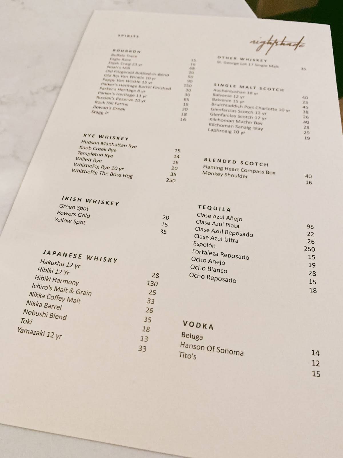 Menu at Nightshade pub & bar, Los Angeles