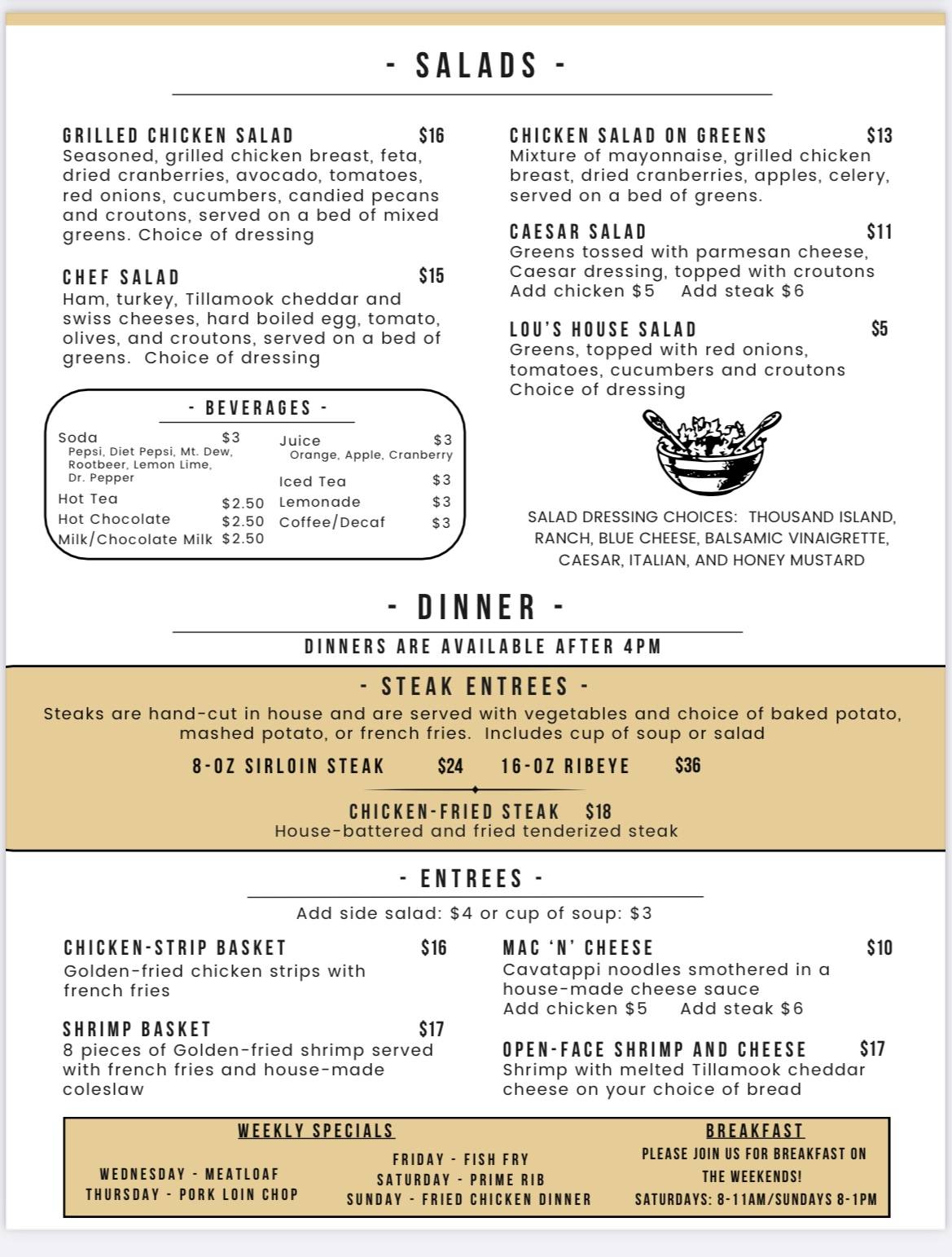 Menu at Lou's Kitchen restaurant, Mount Angel