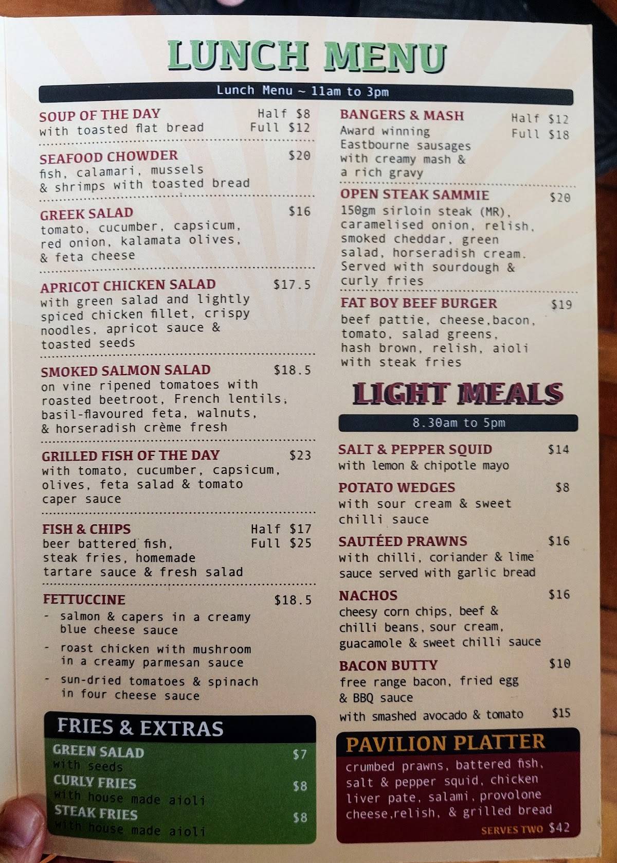 Menu at Days Bay Pavilion pizzeria, Lower Hutt