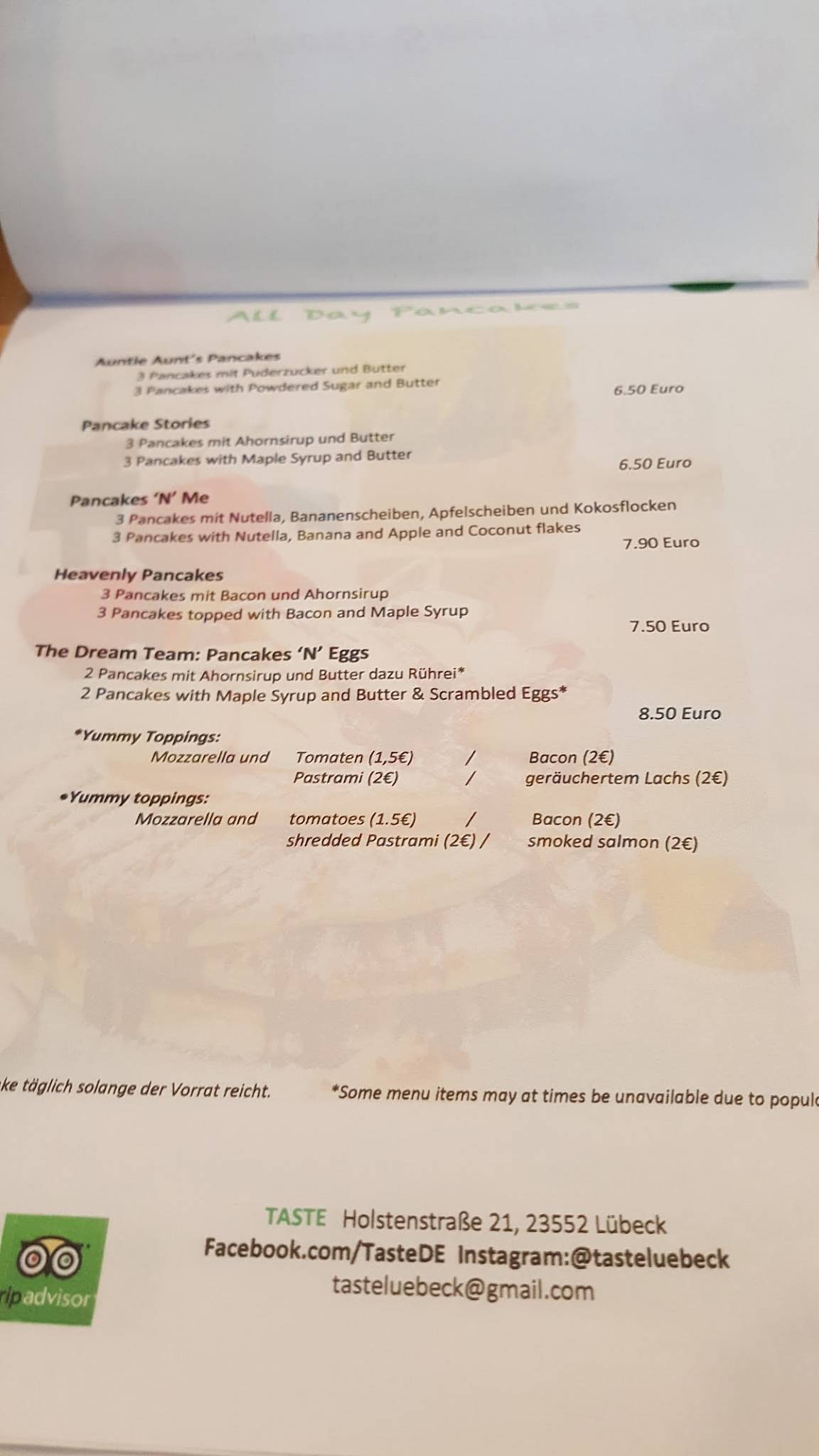 Menu at TASTE cafe, Lübeck