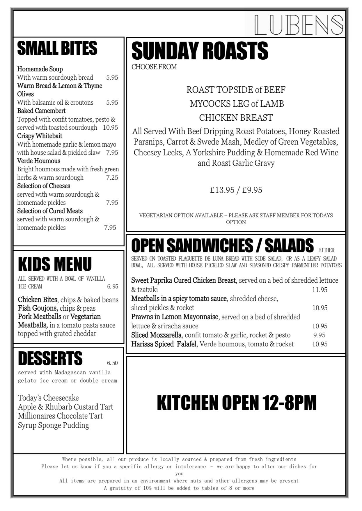 Menu at Lubens pub & bar, Buxton