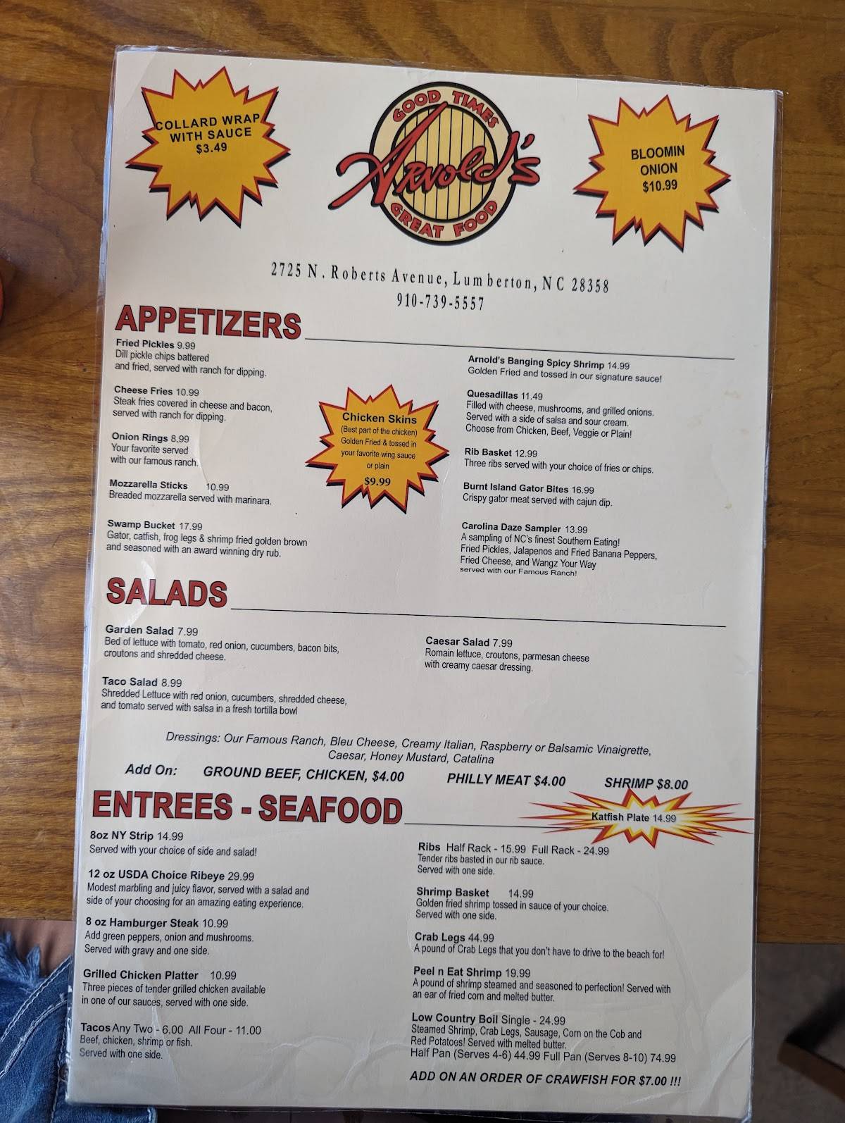 Menu at Arnold's Restaurant, Lumberton, N Roberts Ave