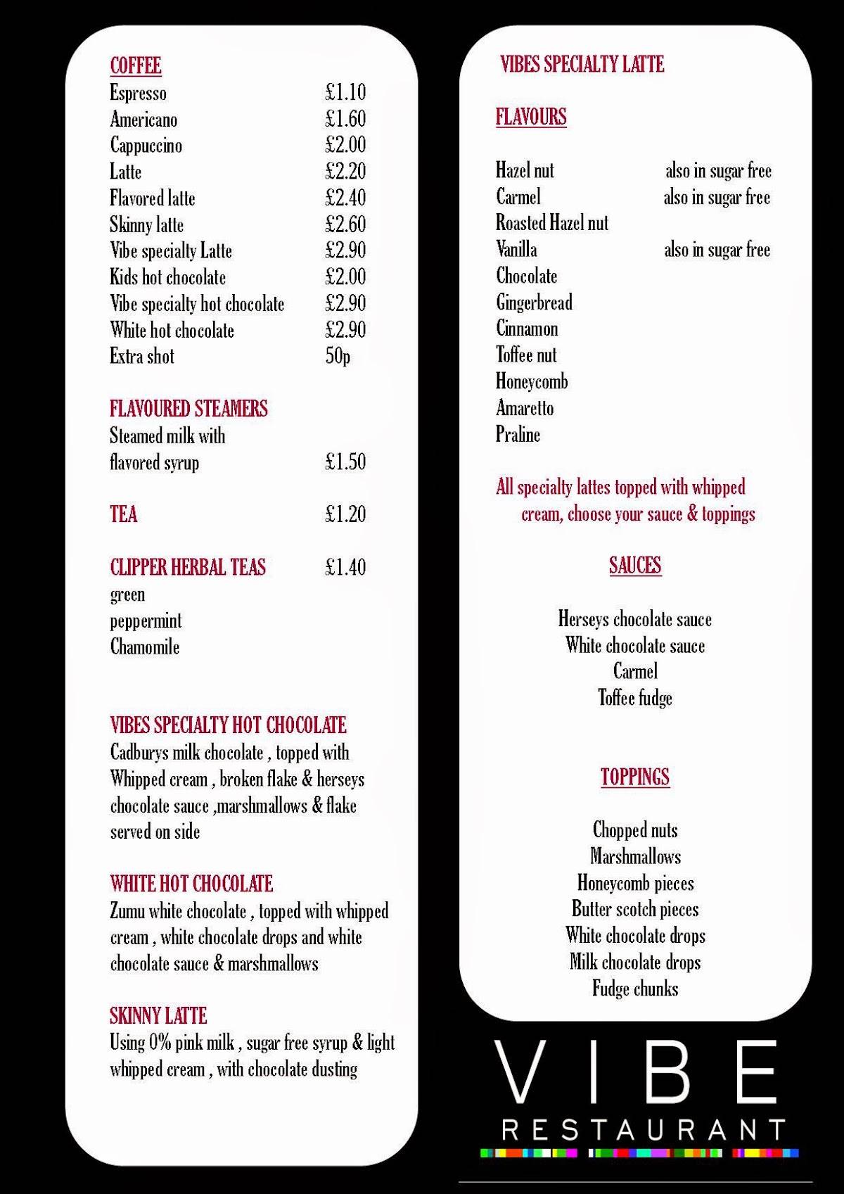 Menu at Cafe Vibe, Lurgan, 65B William St