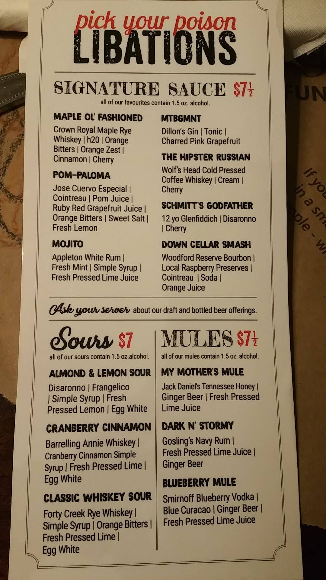 Menu at M.T. Bellies restaurant, Welland