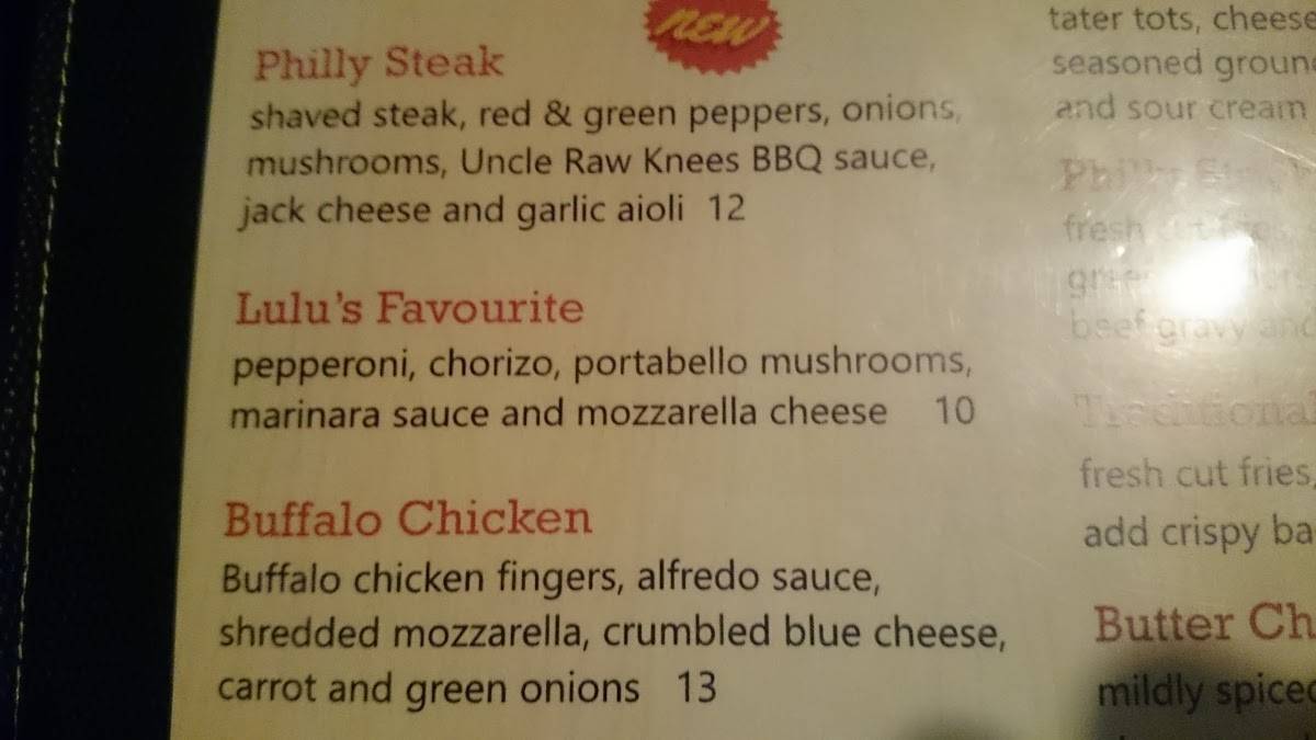 Menu at M.T. Bellies restaurant, Welland