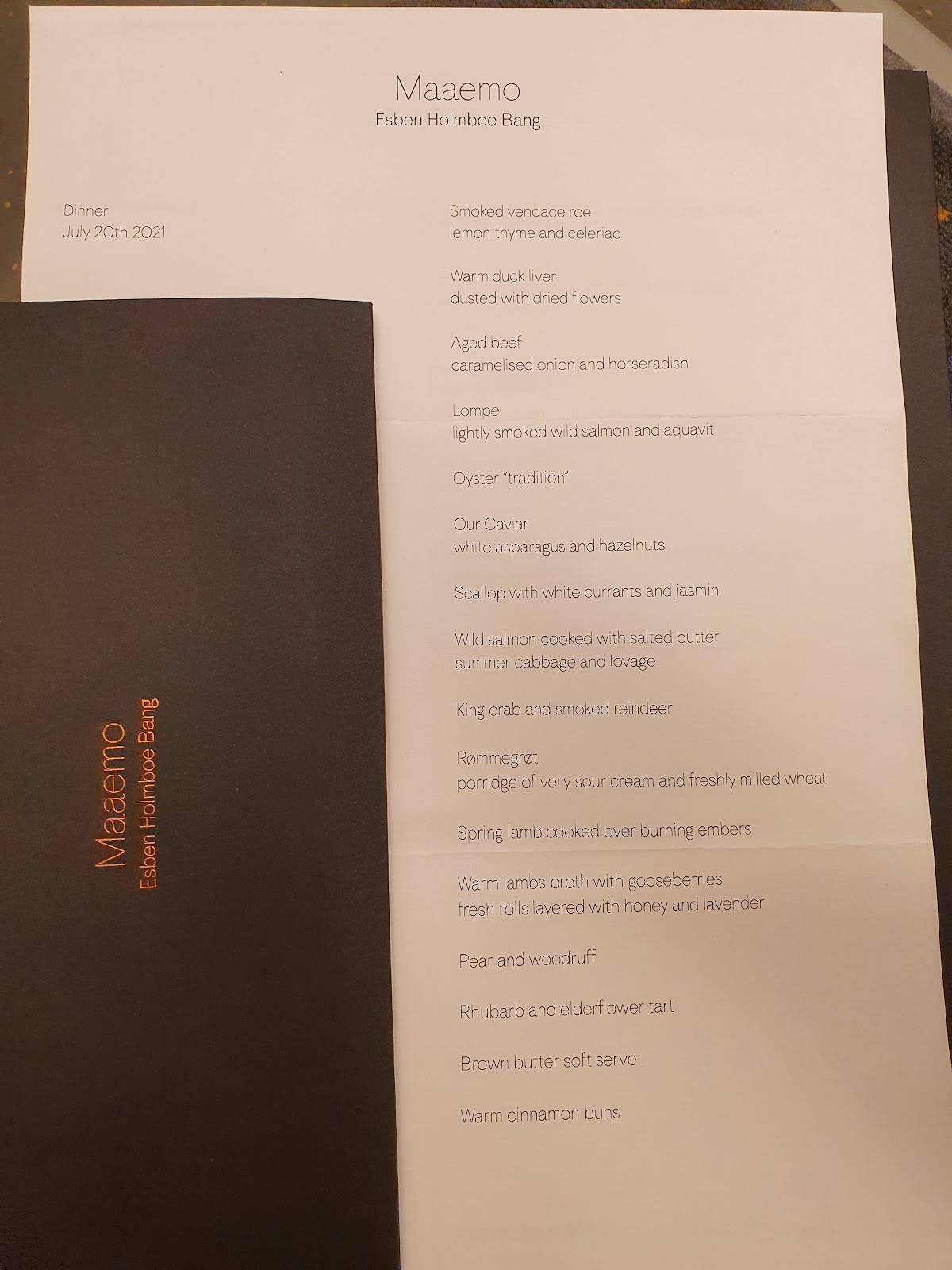 Menu at Maaemo restaurant, Oslo