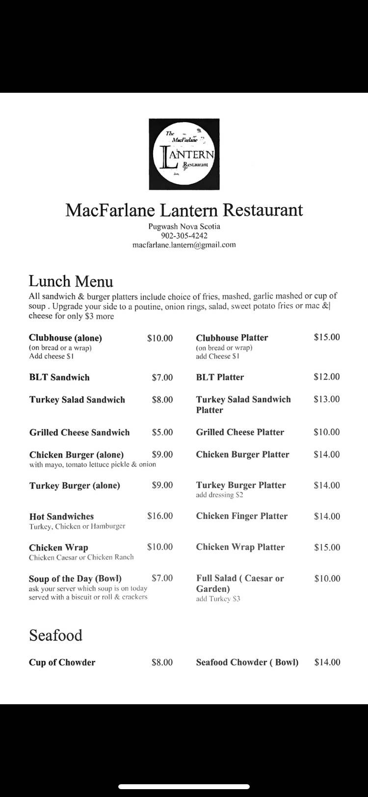 Carta de MacFarlane Lantern Restaurant, Pugwash