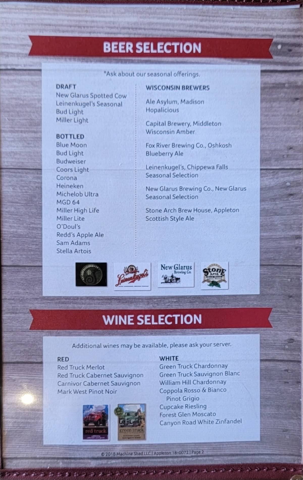 Menu at Machine Shed Restaurant Appleton, Appleton
