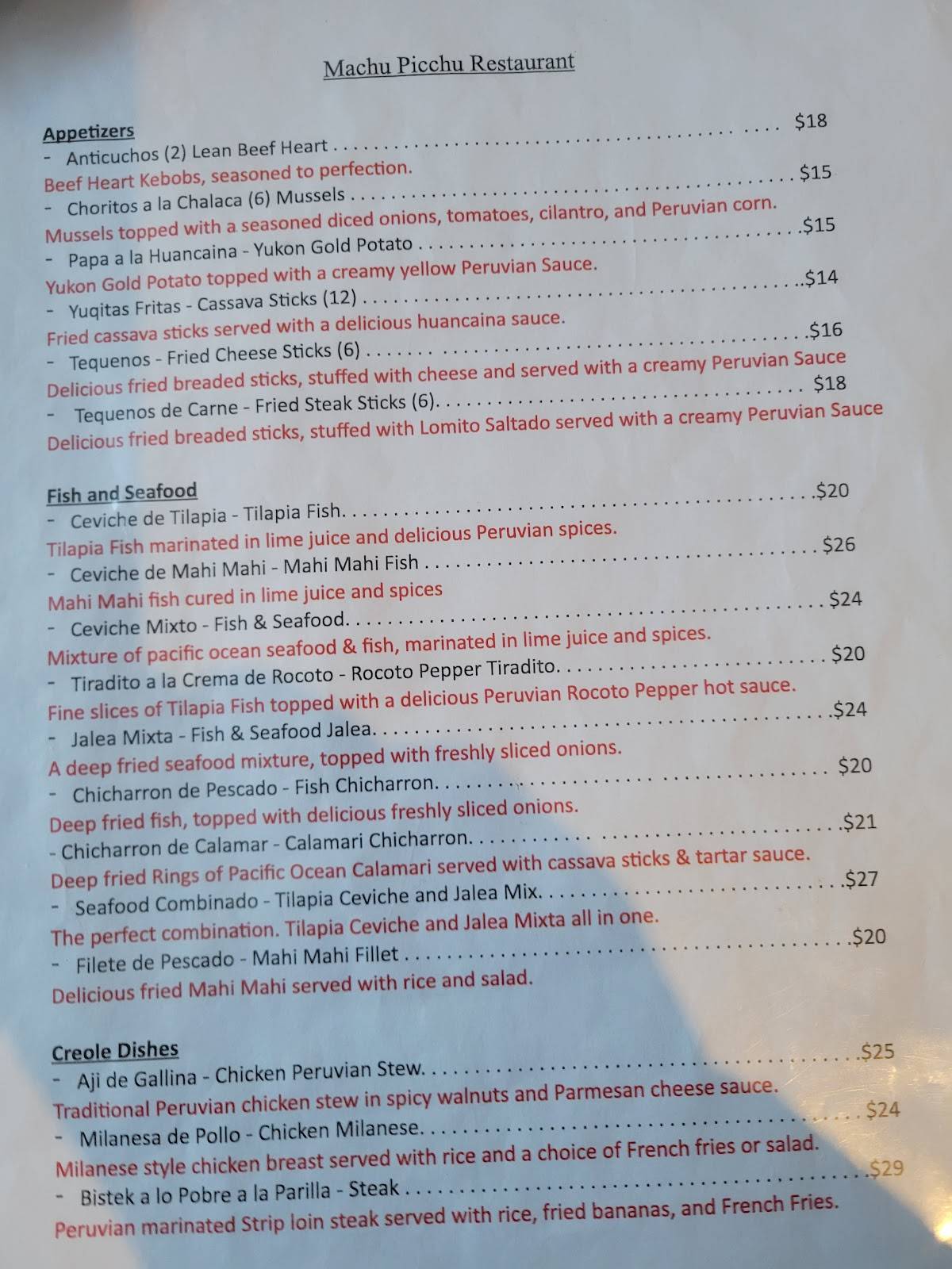 Menu at Machu Picchu Restaurant, Oakville, 649 Fourth Line