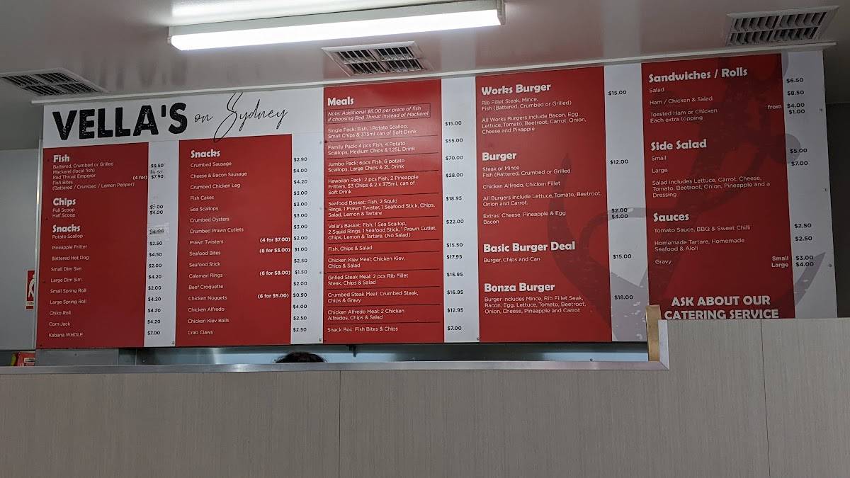 Menu at Vella's on Sydney fast food, Mackay