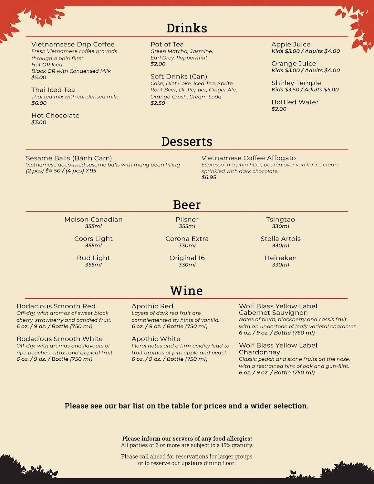 Menu at Mai's Kitchen Vietnamese Cuisine restaurant, Saskatoon