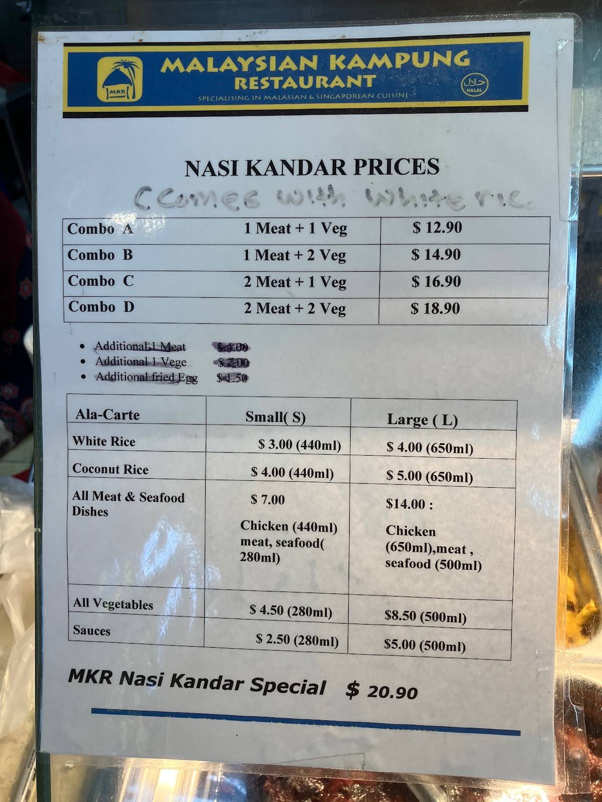 Menu at Malaysian Kampung restaurant, Bentleigh