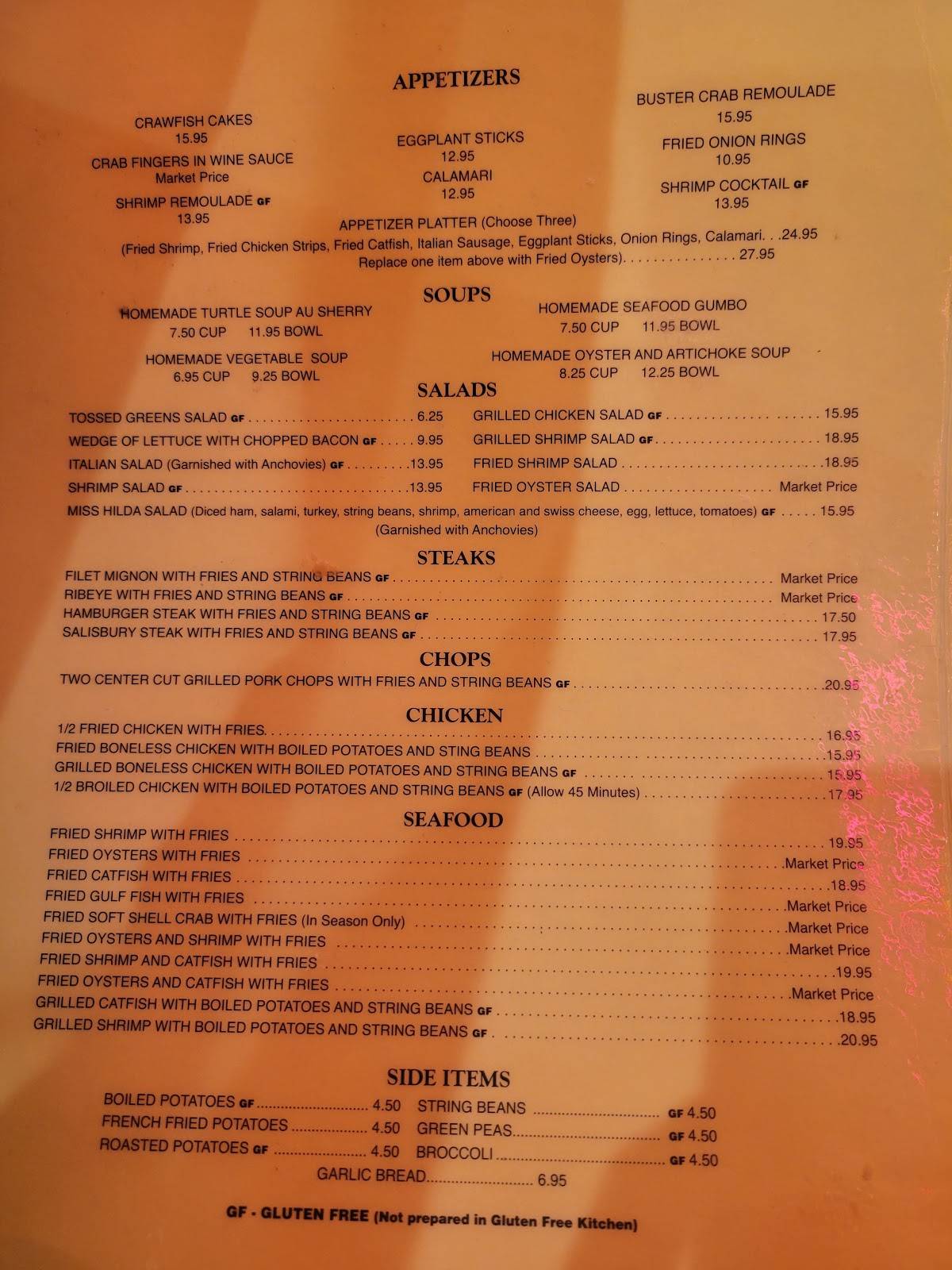 Menu at Mandina's Restaurant, New Orleans