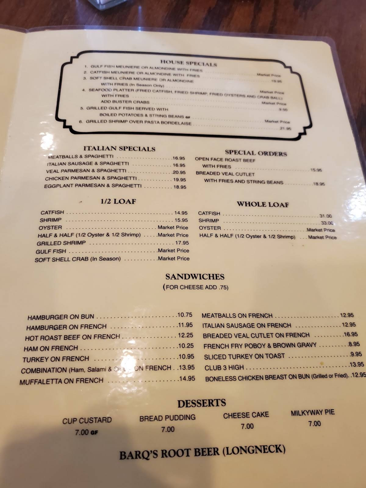 Menu at Mandina's Restaurant, New Orleans
