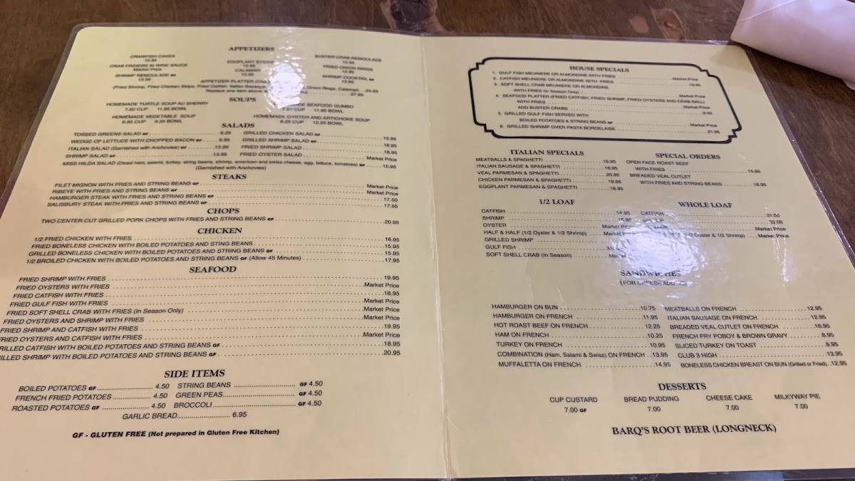 Menu at Mandina's Restaurant, New Orleans